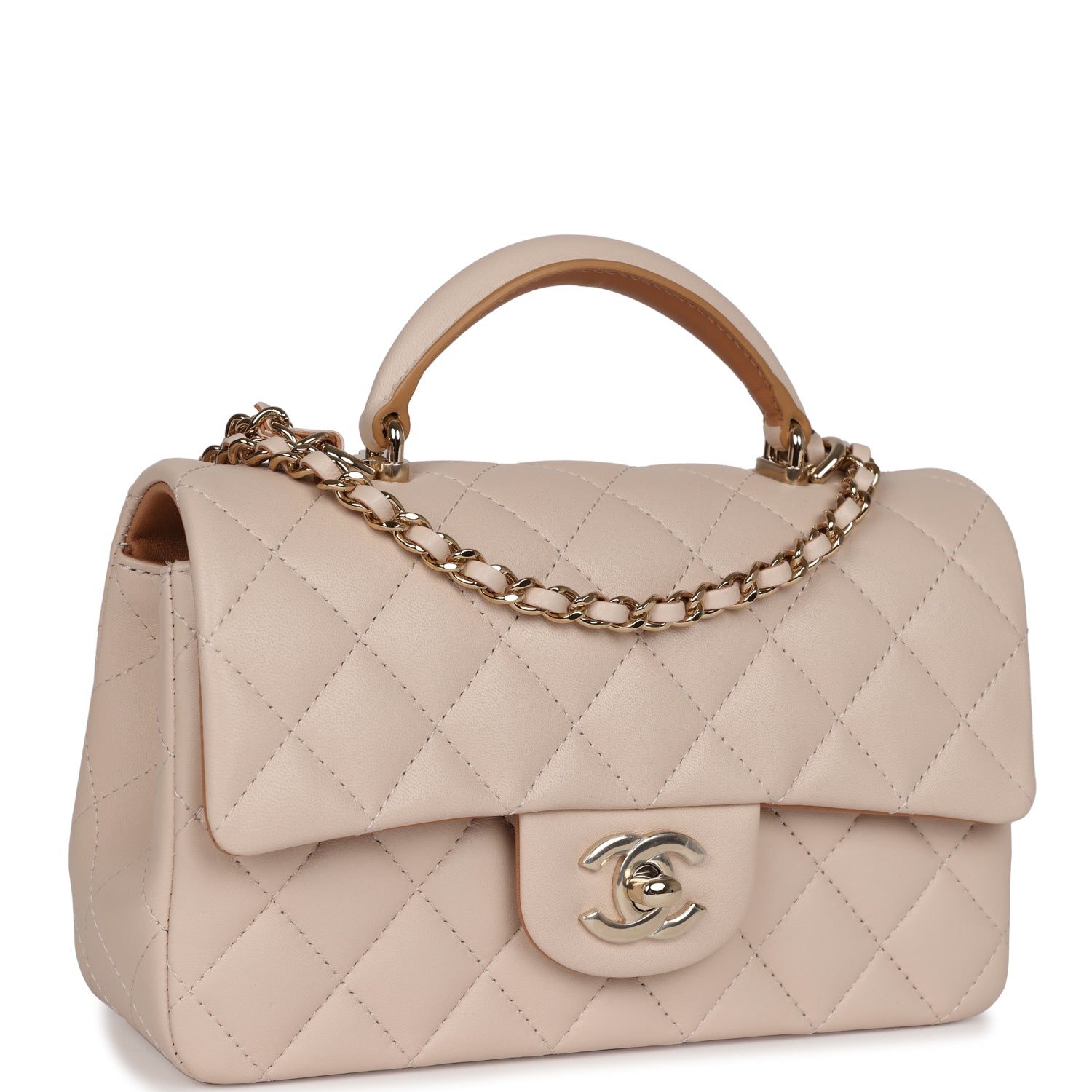 Chanel Mini Rectangular Flap with Top Handle Beige Lambskin Light Gold