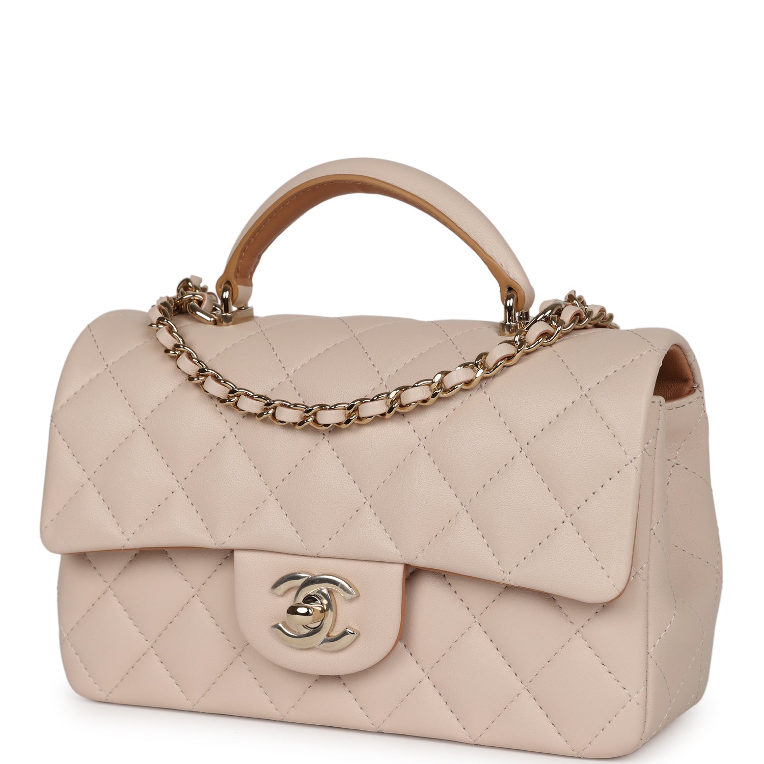 Chanel Mini Rectangular Flap with Top Handle Beige Lambskin Light Gold