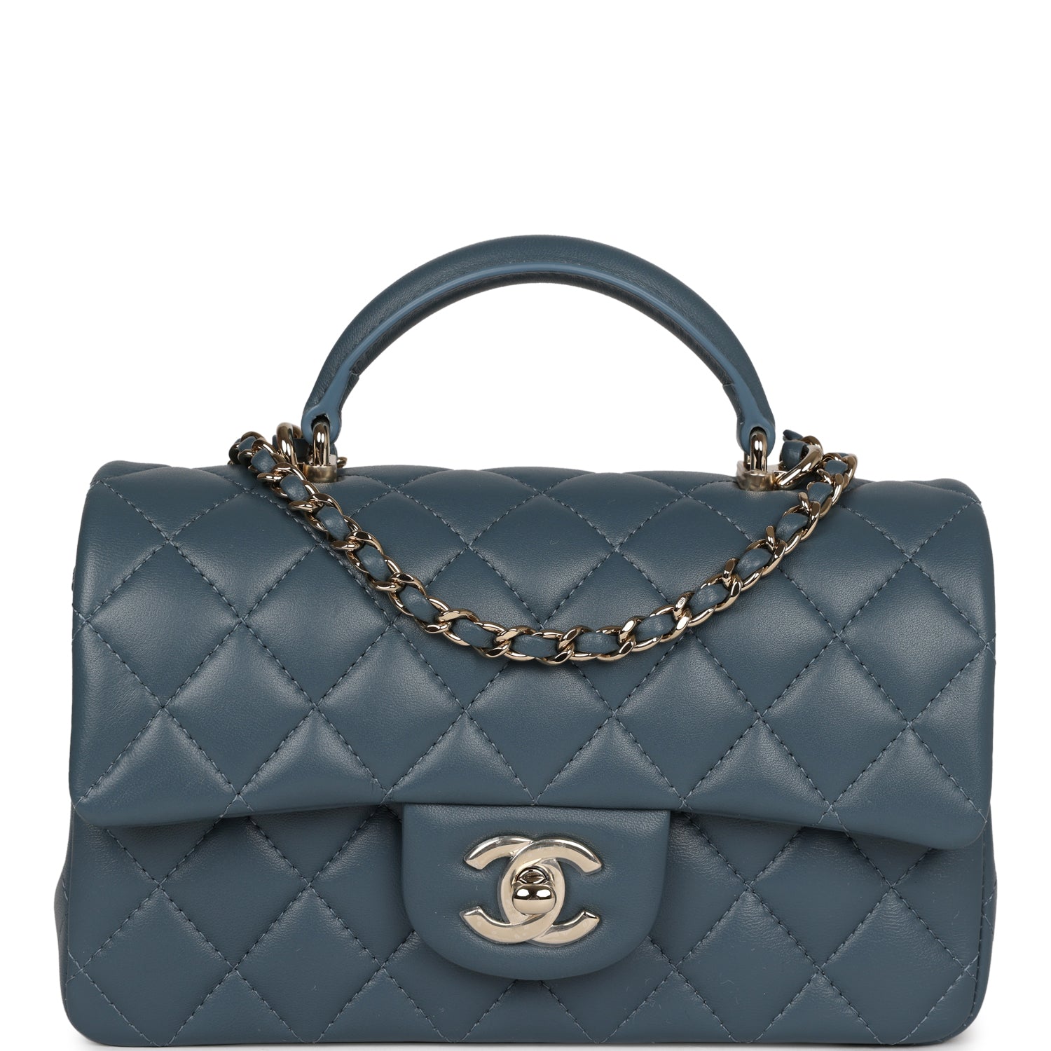 Chanel Mini Rectangular Flap with Top Handle Blue Lambskin Light Gold