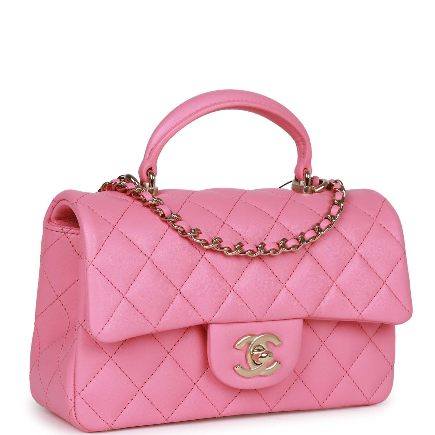 Chanel Rectangular Mini Flap Bag with Top Handle Pink Lambskin Light G