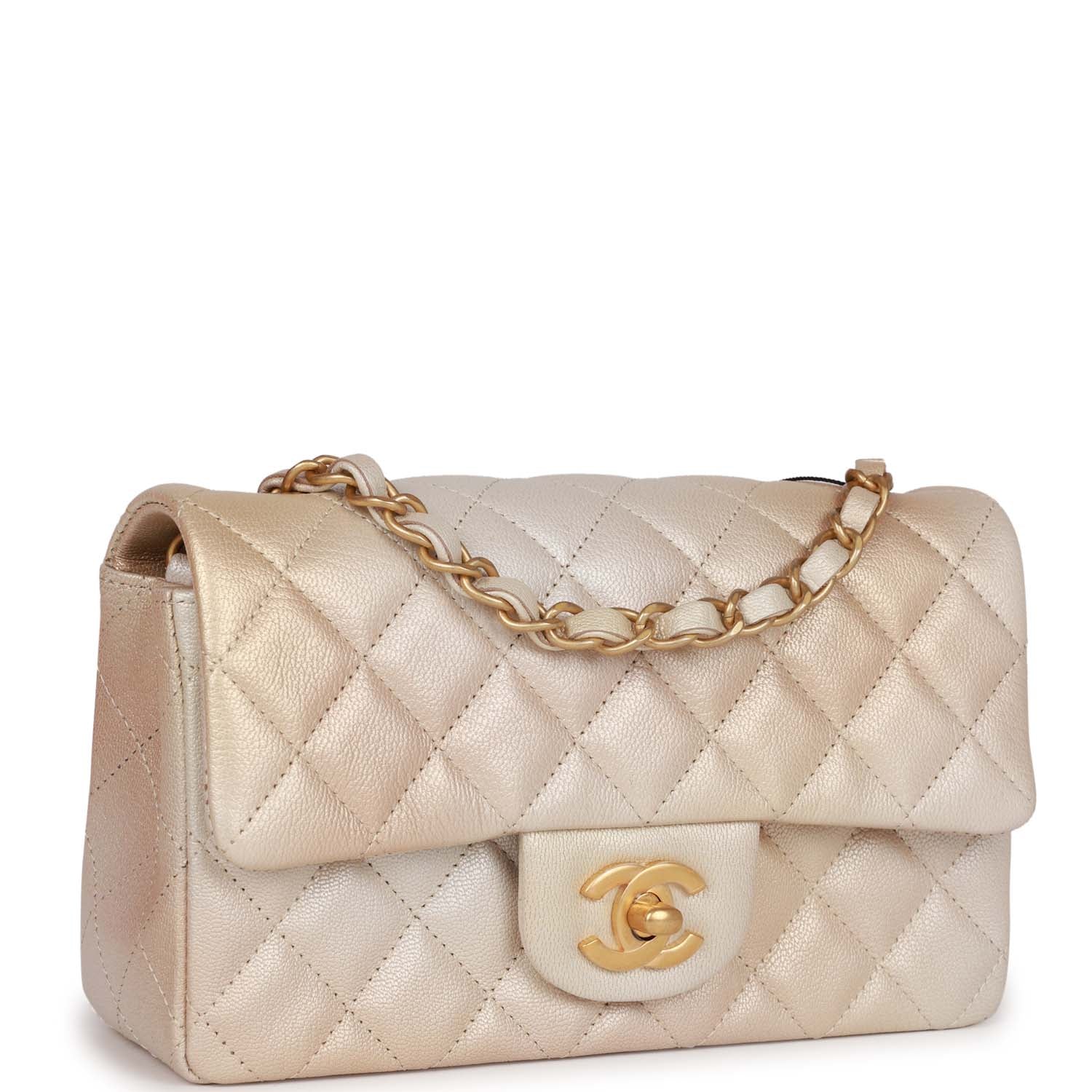 Chanel Mini Rectangular Flap Bag Beige Metallic Ombre Calfskin Aged Go