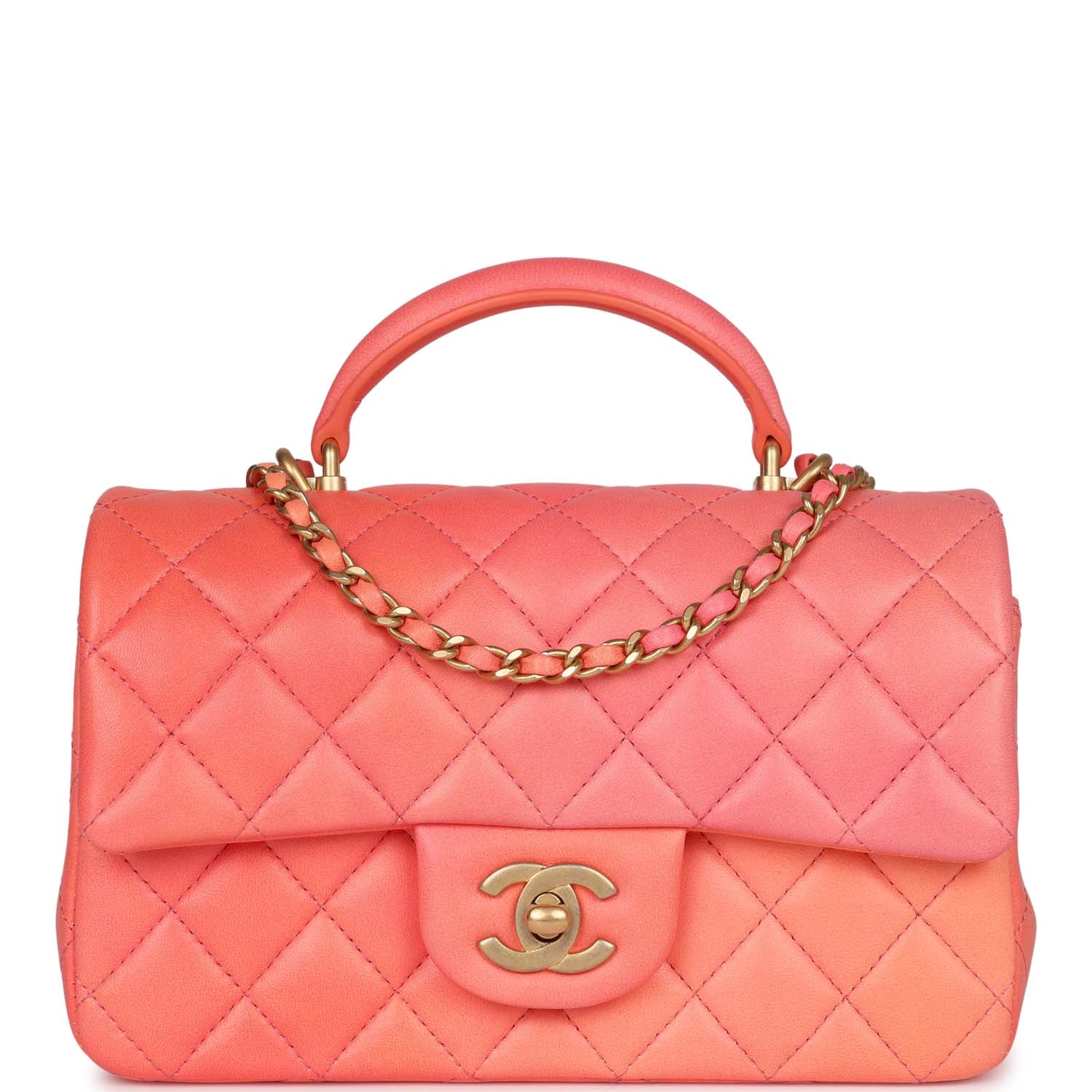 Chanel Mini Rectangular Top Handle Coral Ombre Lambskin Aged Gold Hard