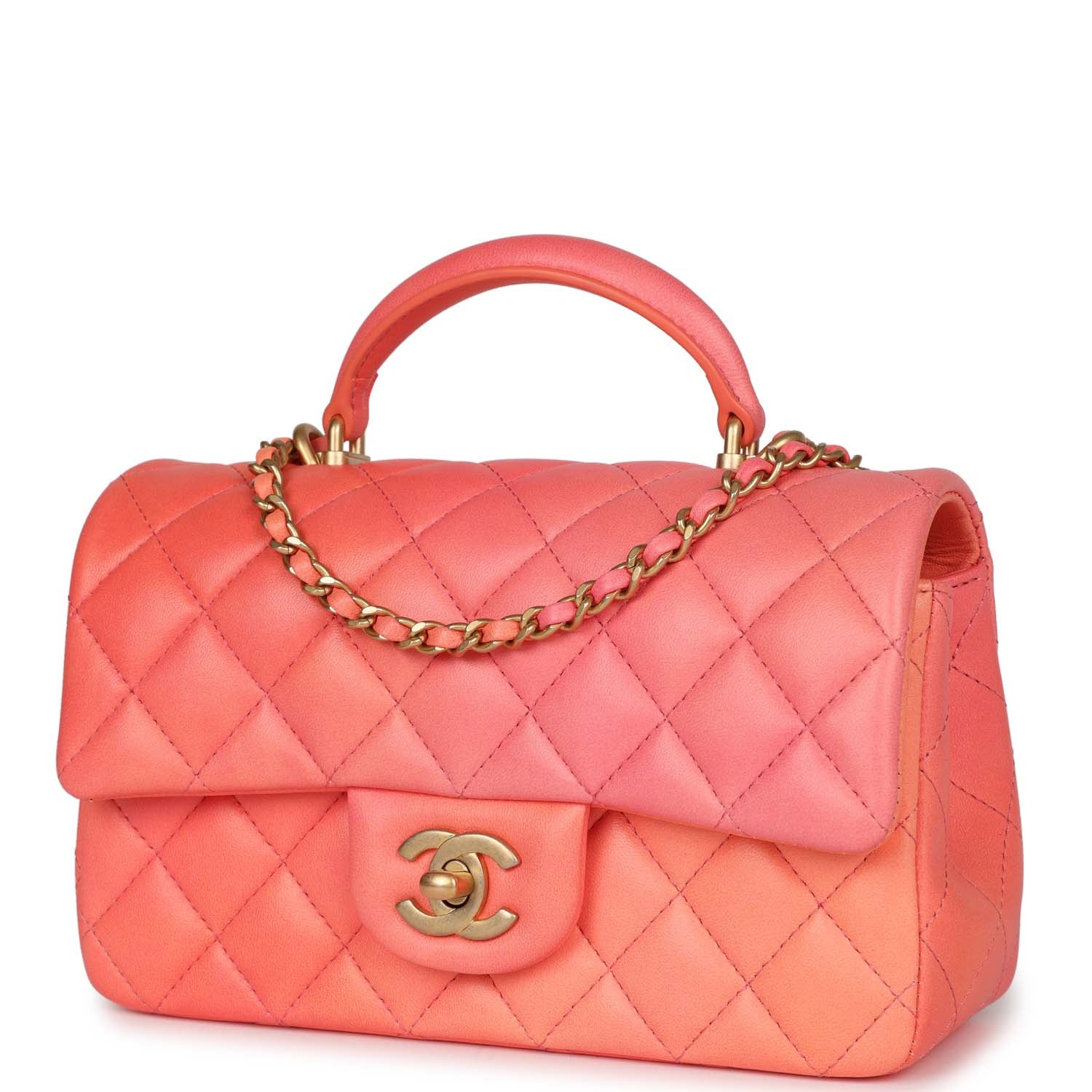 Chanel Mini Rectangular Top Handle Coral Ombre Lambskin Aged Gold Hard