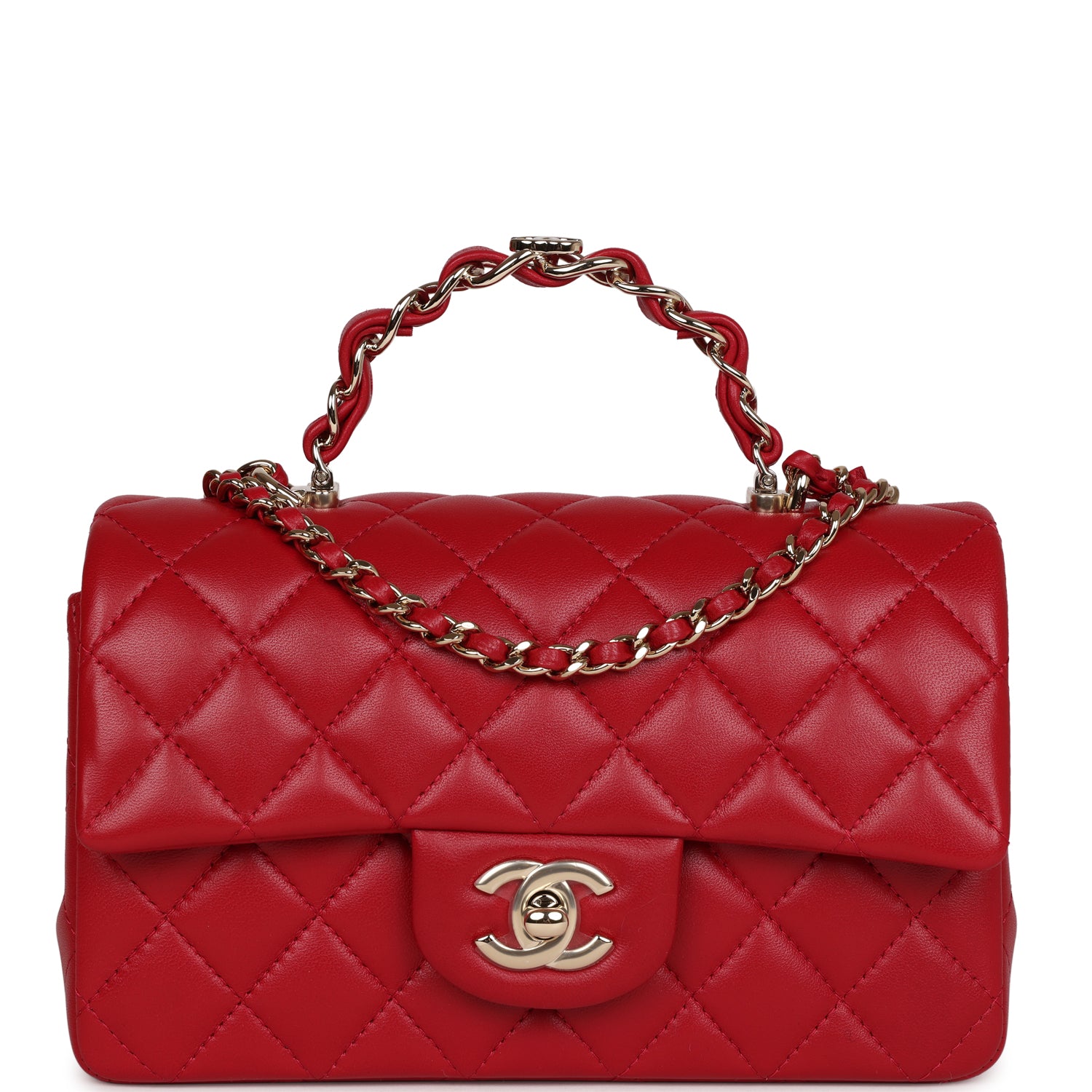 Chanel Mini Rectangular Flap with Top Handle Red Lambskin Light Gold H