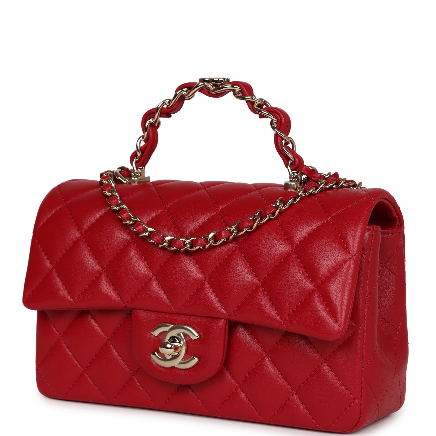 Chanel Mini Rectangular Flap with Top Handle Red Lambskin Light Gold H