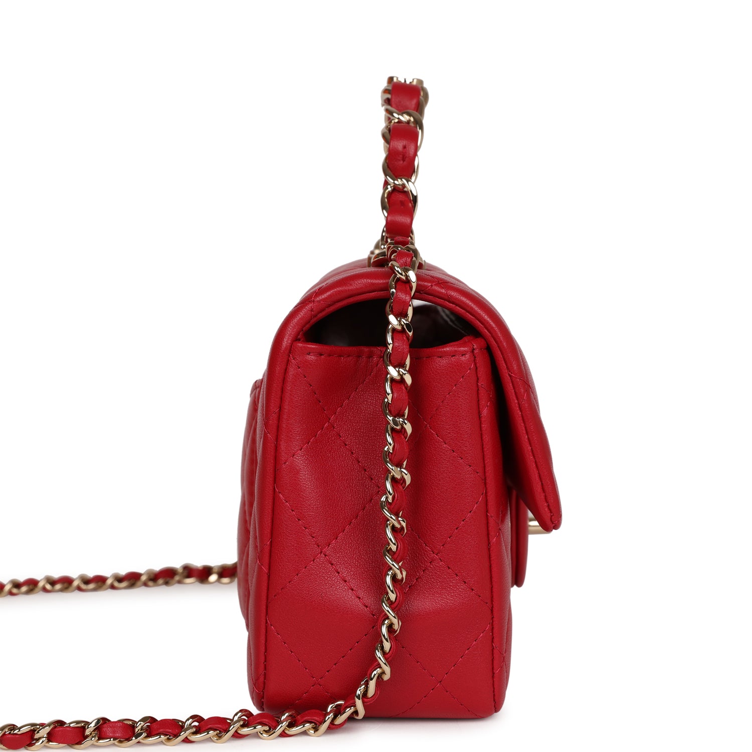 Chanel Mini Rectangular Flap with Top Handle Red Lambskin Light Gold H