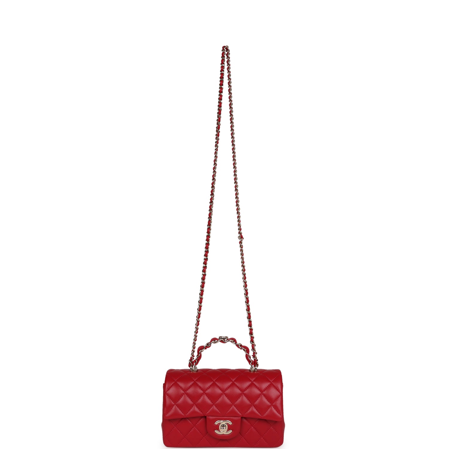 Chanel Mini Rectangular Flap with Top Handle Red Lambskin Light Gold H