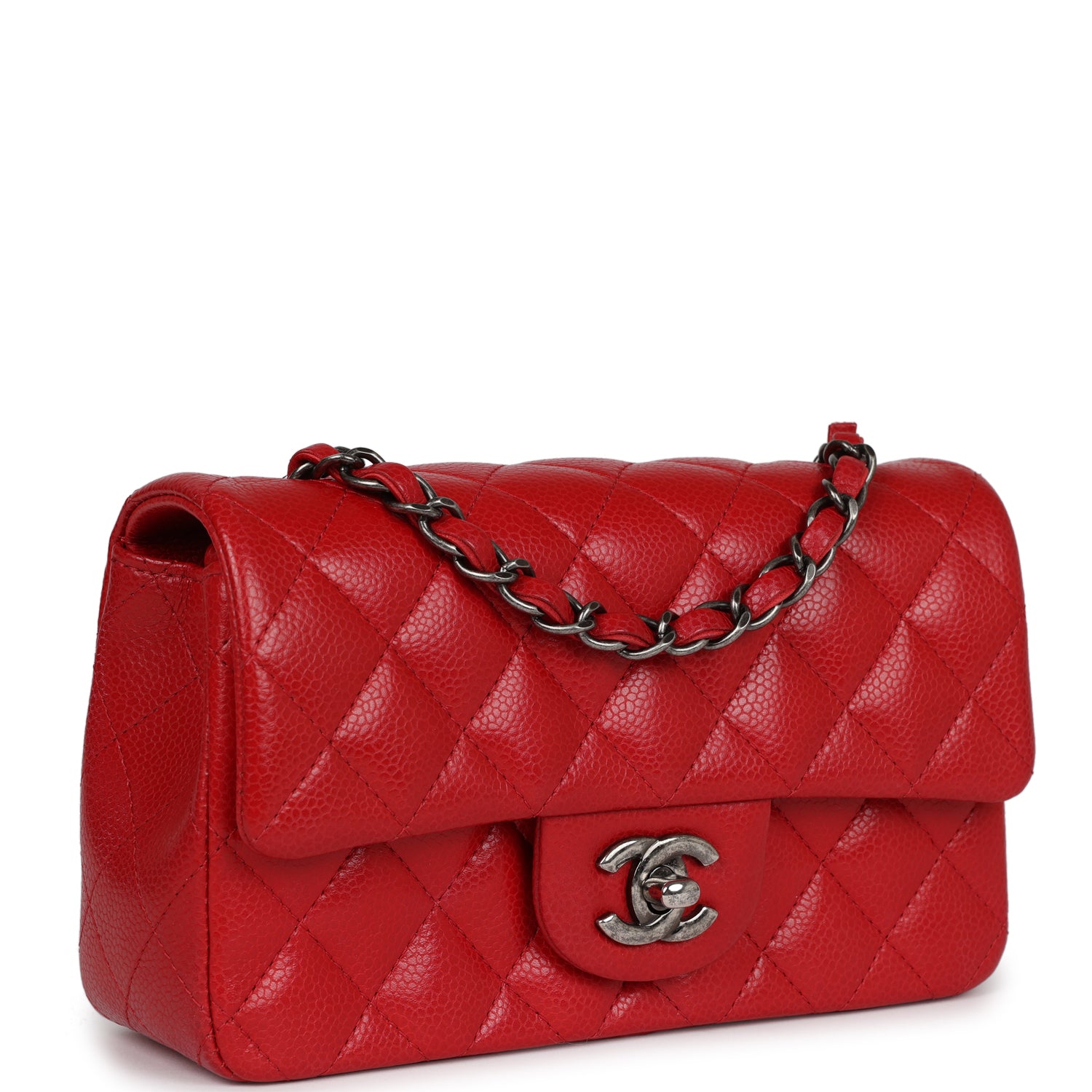 Pre-owned Chanel Mini Rectangular Flap Red Caviar Ruthenium Hardware