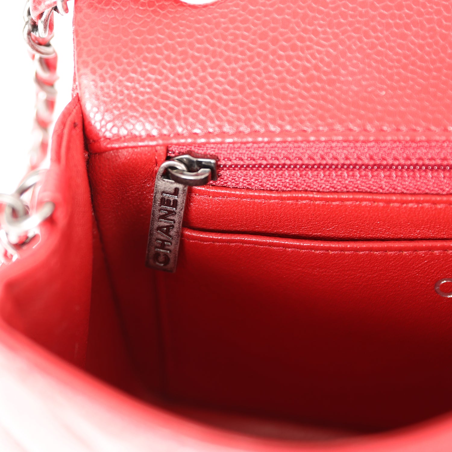 Pre-owned Chanel Mini Rectangular Flap Red Caviar Ruthenium Hardware