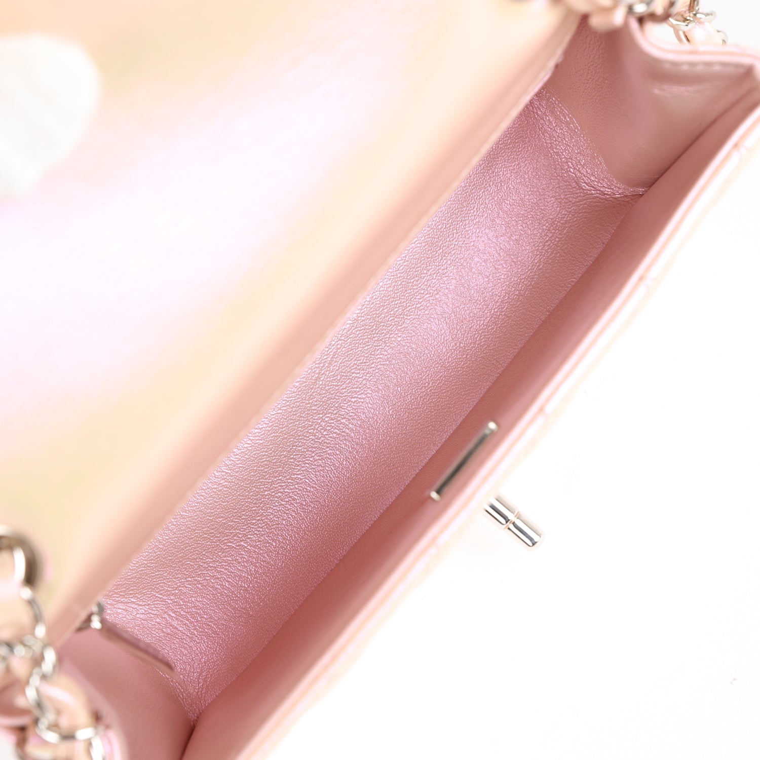 Chanel Pink Iridescent Lambskin Rectangular Mini Flap Silver Hardware