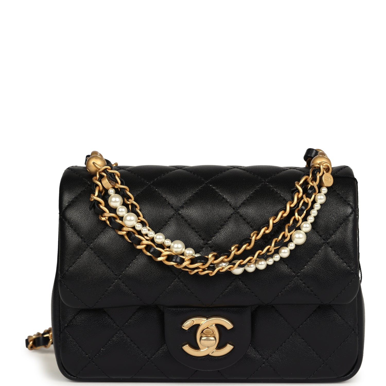 Chanel Mini Square Pearl Crush Flap Bag Black Lambskin Brushed Gold Ha