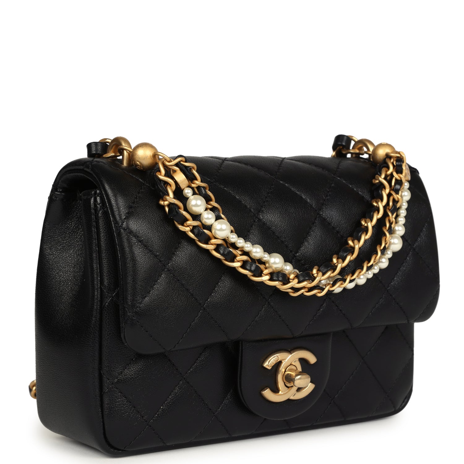 Chanel Mini Square Pearl Crush Flap Bag Black Lambskin Brushed Gold Ha