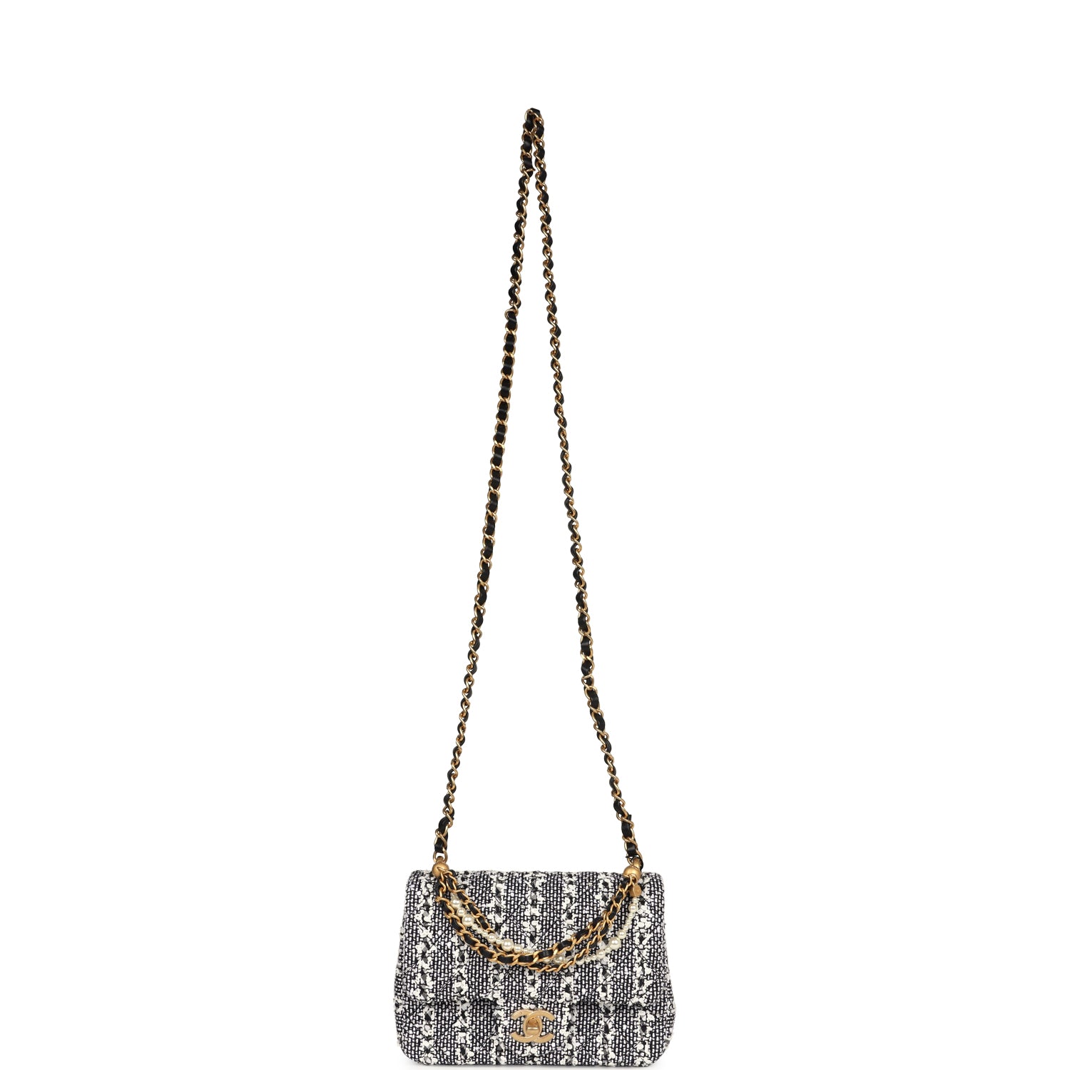 Chanel Mini Square Pearl Flap Bag Black and White Sequin Tweed Brushed