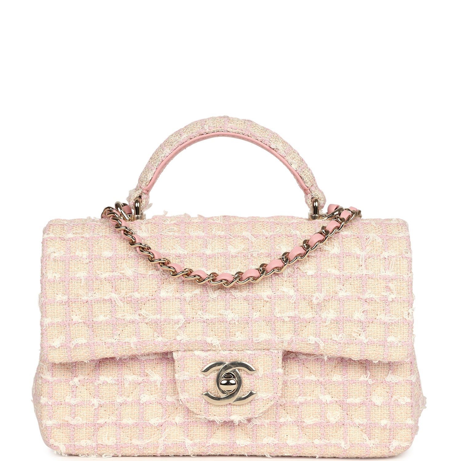 Chanel Mini Rectangular Top Handle Flap Pink and White Tweed Light Gol