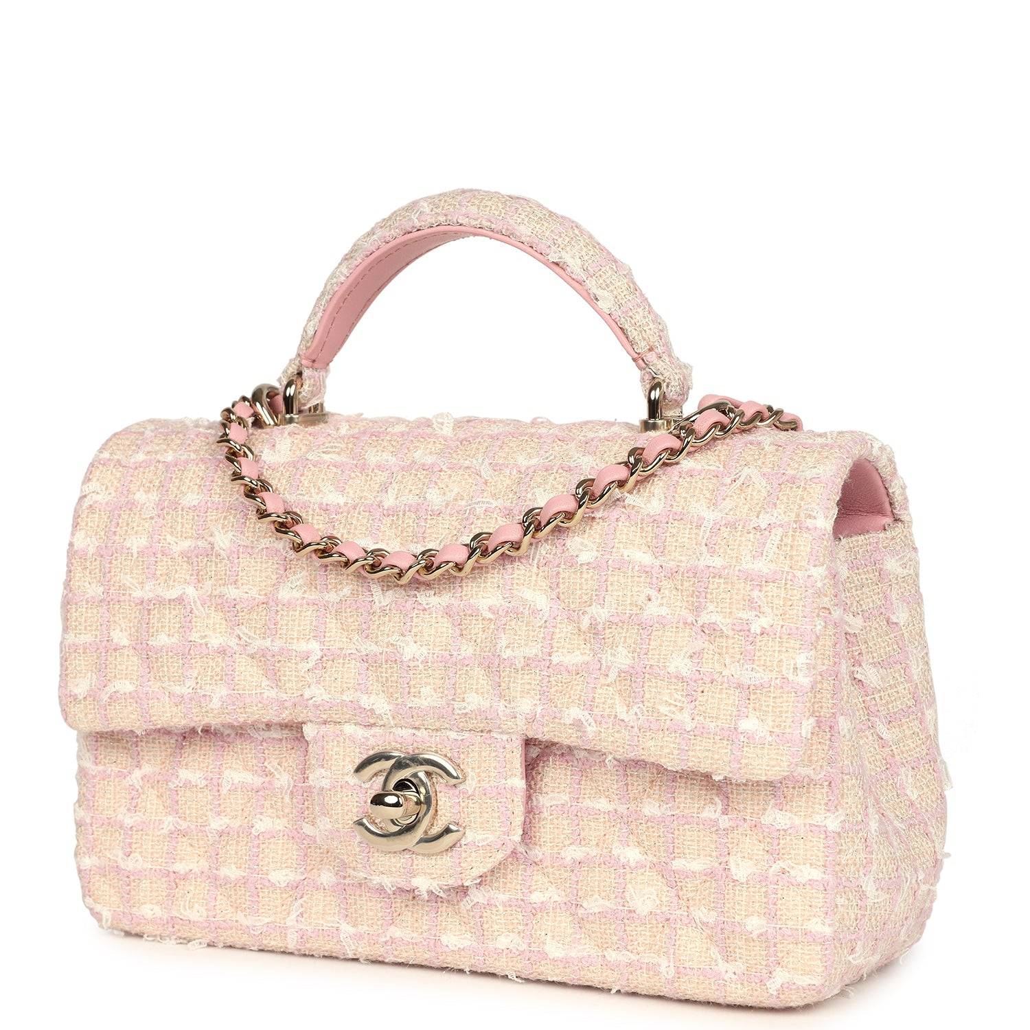 Chanel Mini Rectangular Top Handle Flap Pink and White Tweed Light Gol