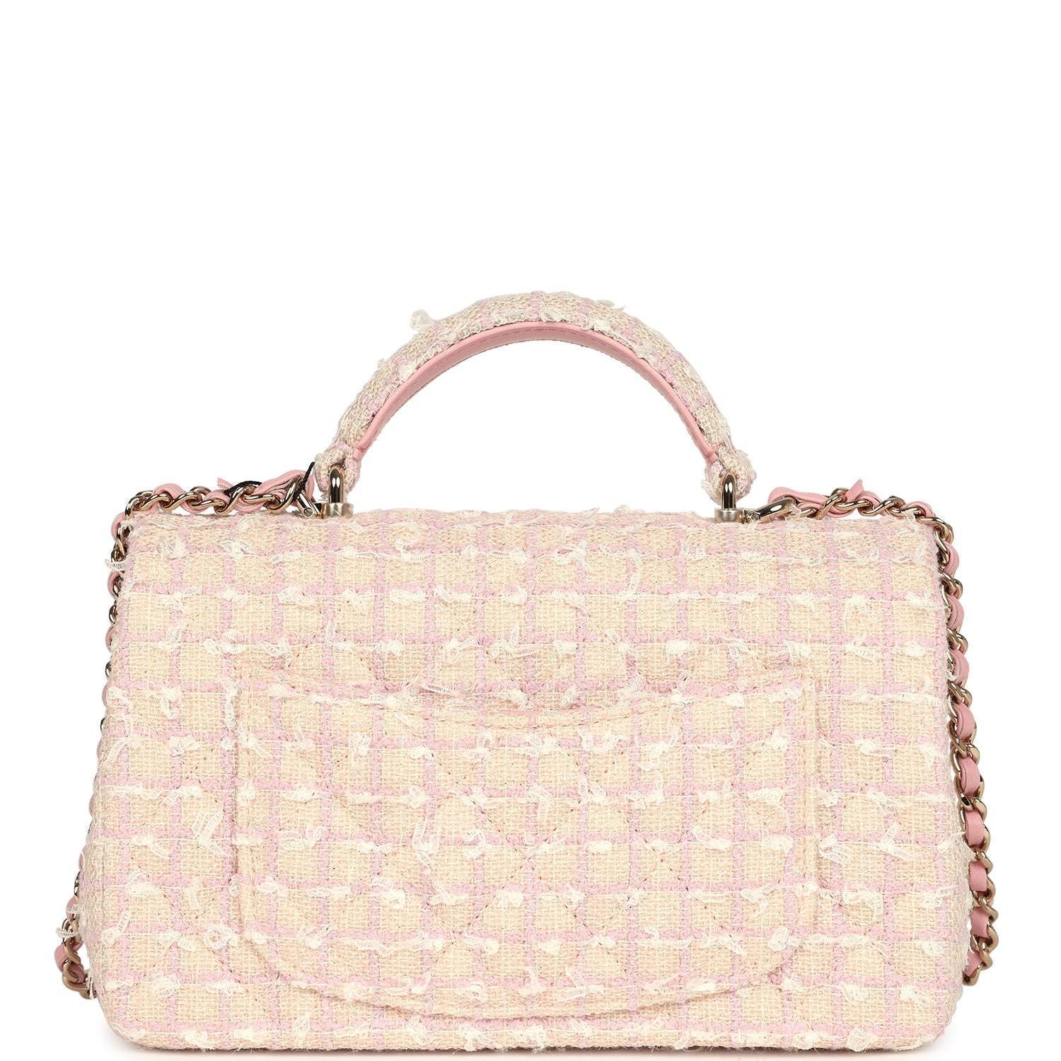 Chanel Mini Rectangular Top Handle Flap Pink and White Tweed Light Gol
