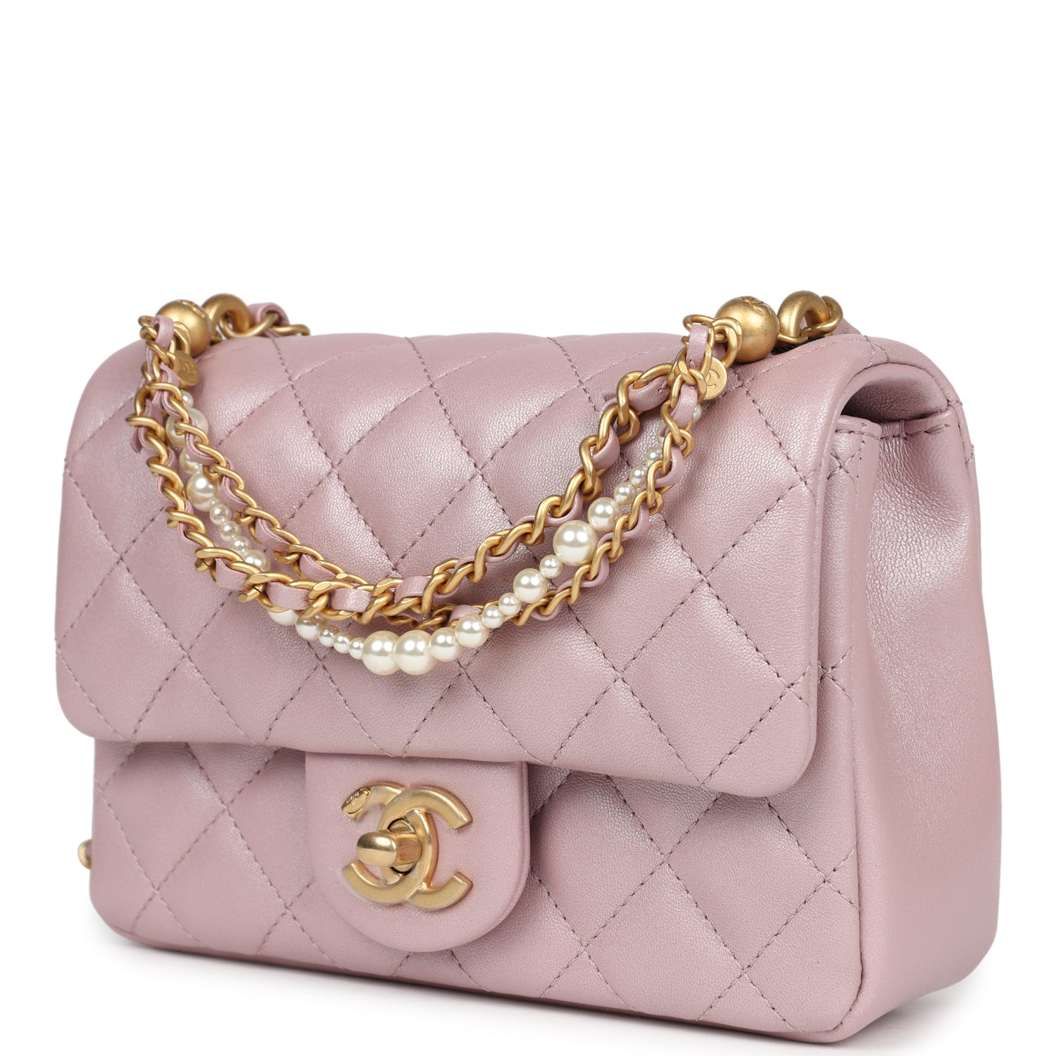 Chanel Mini Square Pearl Flap Bag Light Pink Iridescent Lambskin Brush