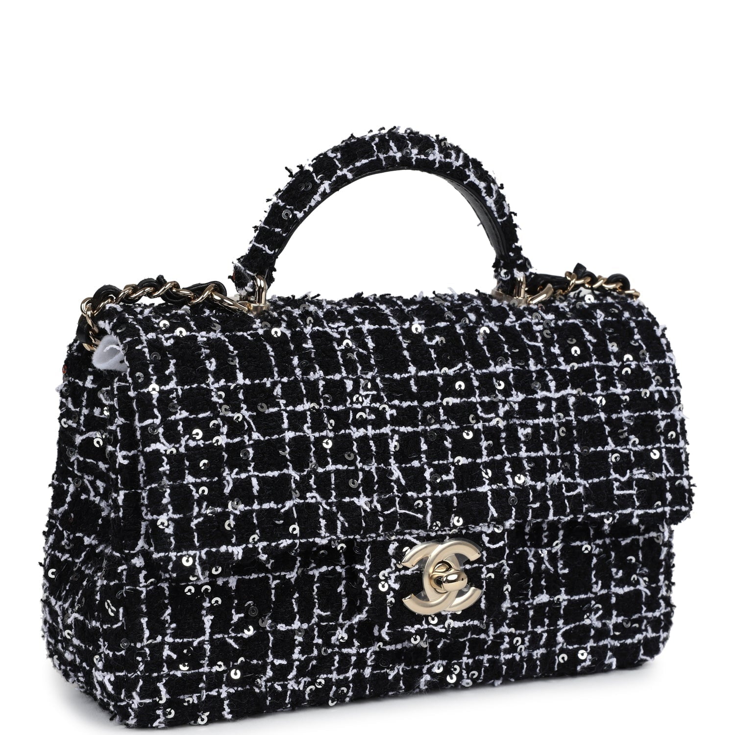 Chanel Mini Rectangular Top Handle Flap Black and White Sequin Tweed L