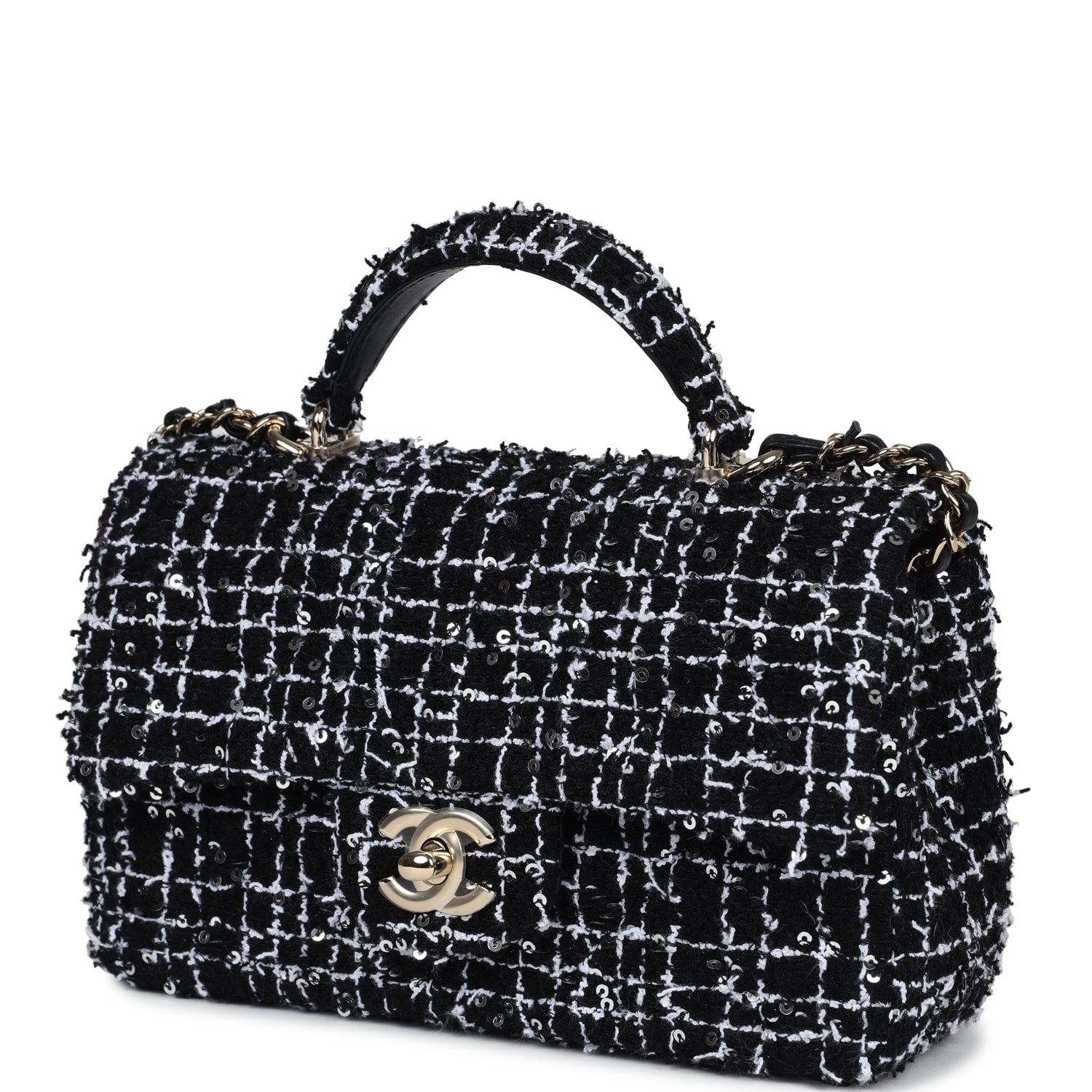 Chanel Mini Rectangular Top Handle Flap Black and White Sequin Tweed L