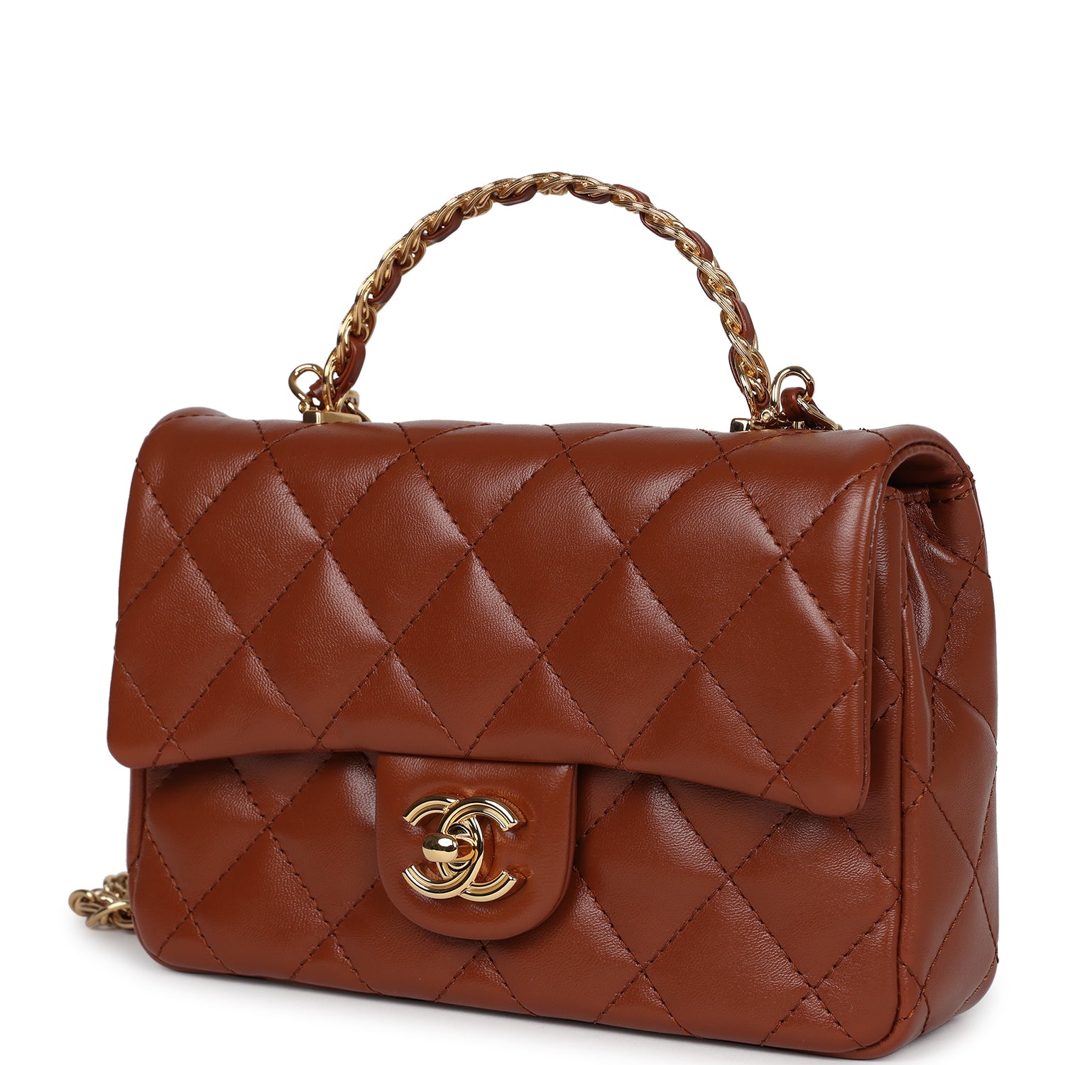 Chanel Mini Rectangular Top Handle Flap Bag Brown Shiny Calfskin Gold