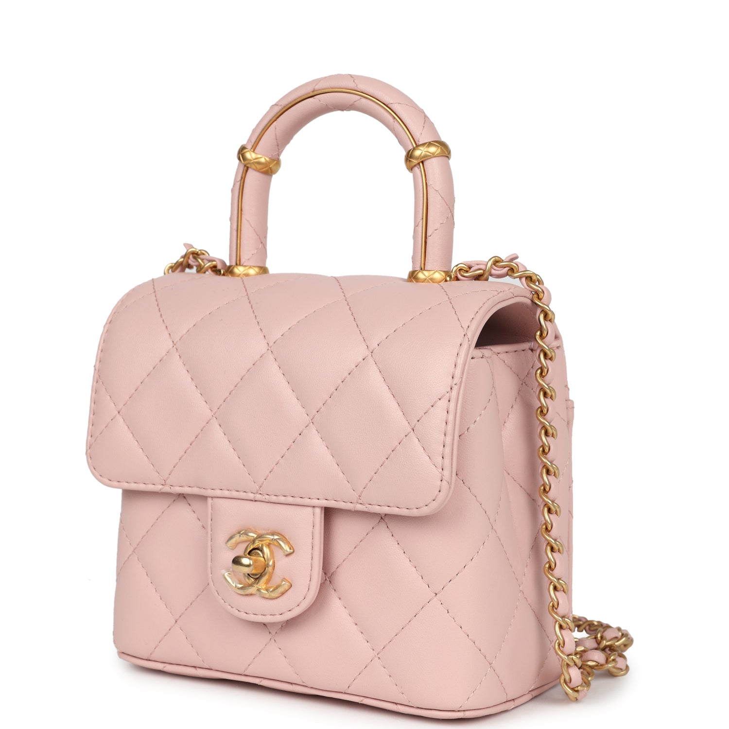 Chanel Mini Square Top Handle Flap Light Pink Lambskin Antique Gold Ha