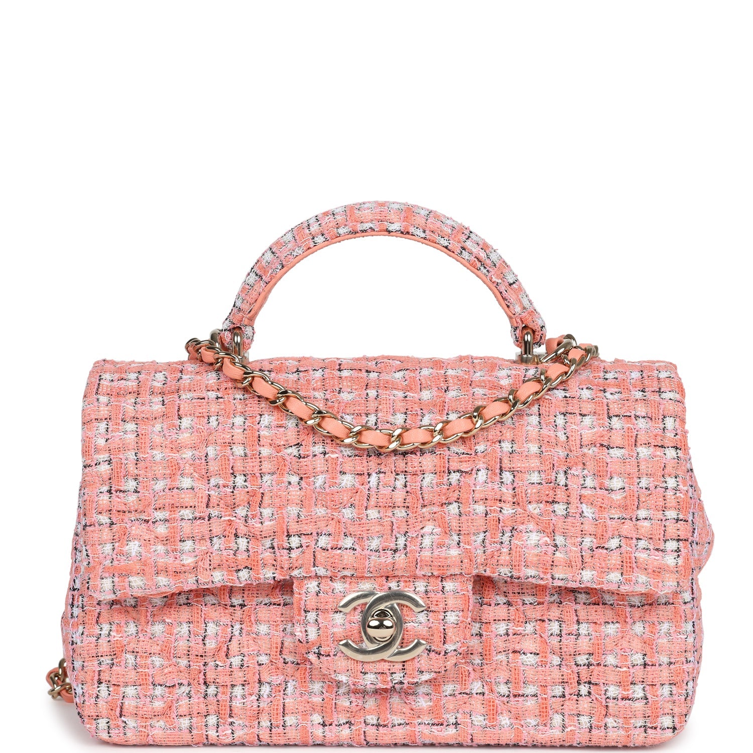 Chanel Mini Rectangular Top Handle Flap Bag Coral Tweed Light Gold Har