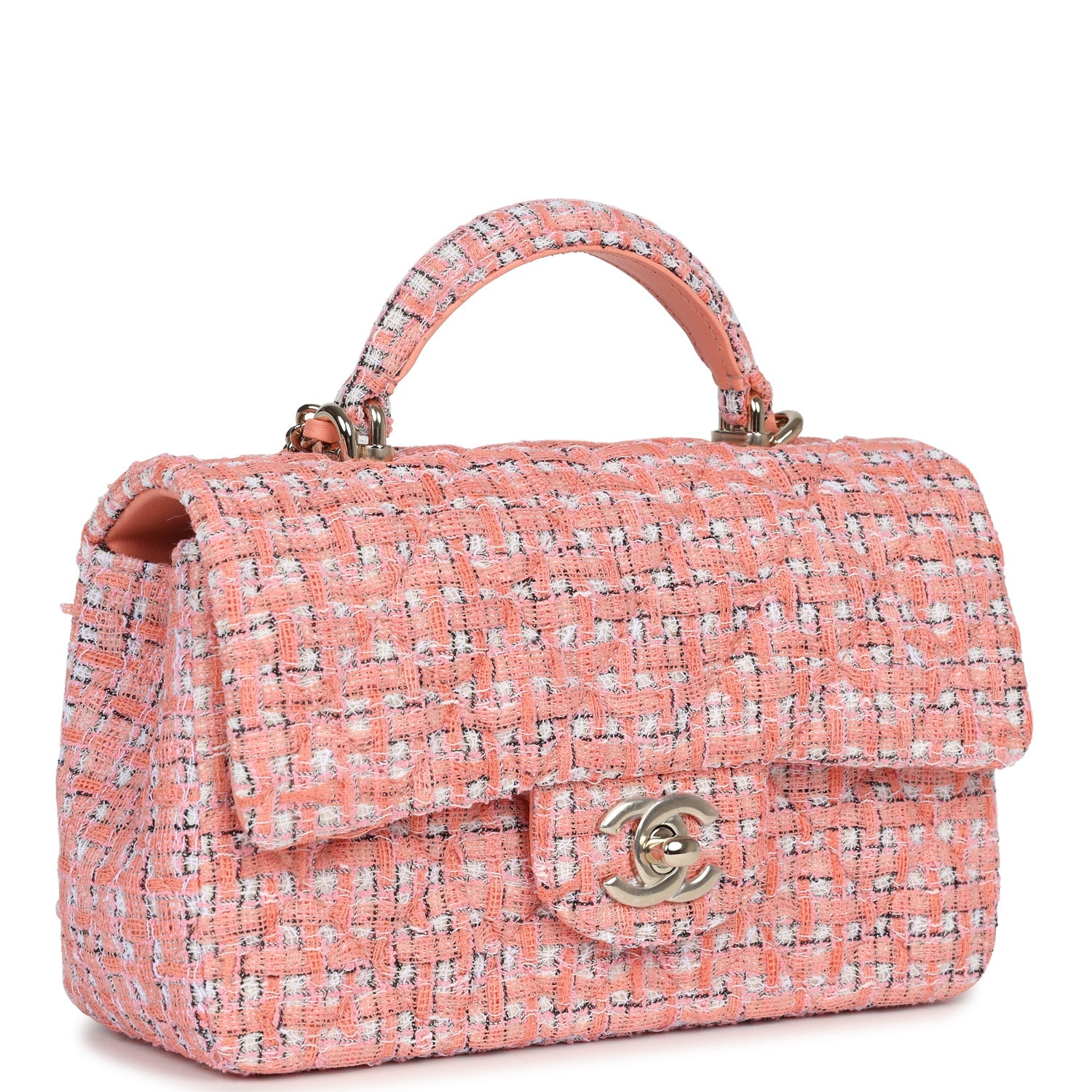 Chanel Mini Rectangular Top Handle Flap Bag Coral Tweed Light Gold Har