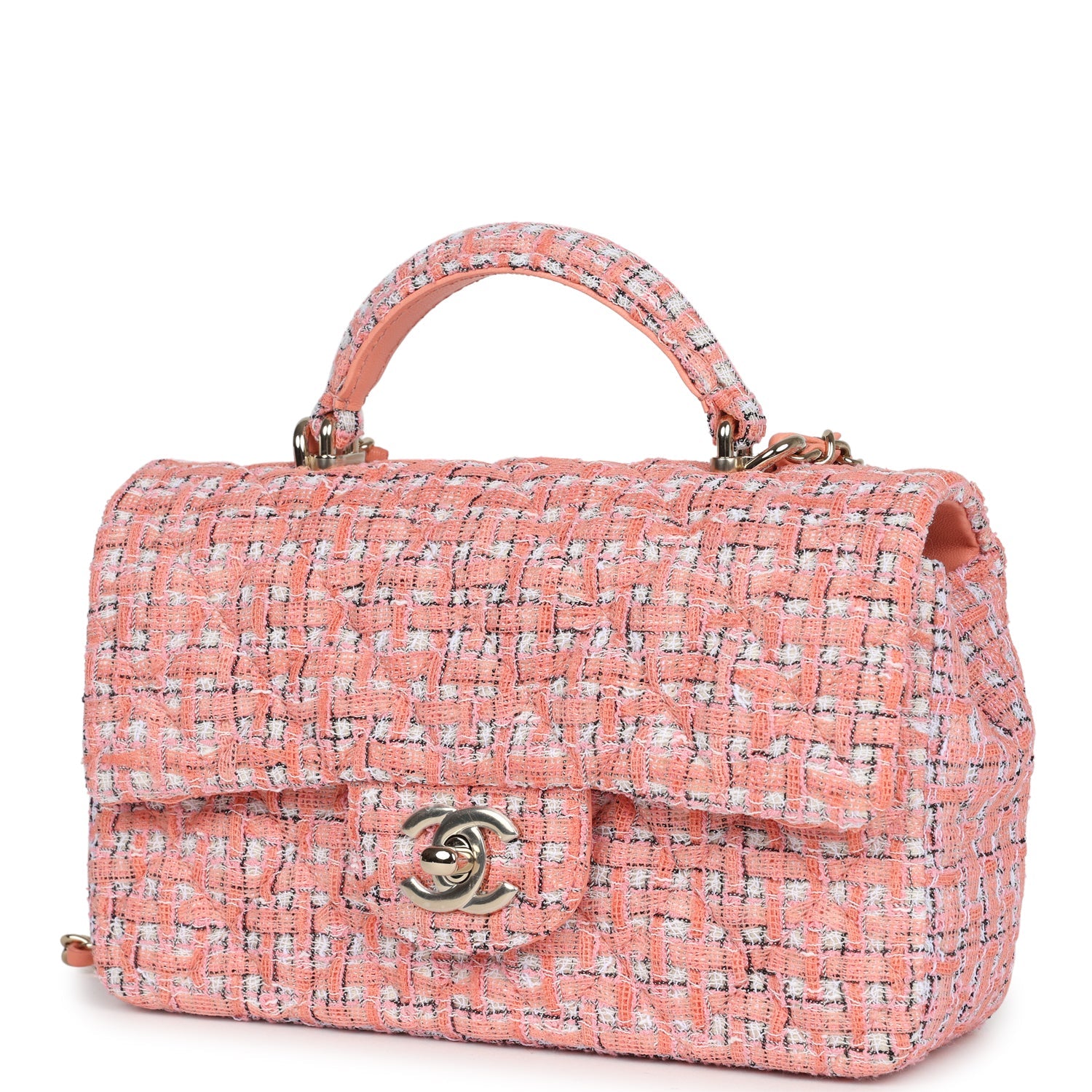 Chanel Mini Rectangular Top Handle Flap Bag Coral Tweed Light Gold Har