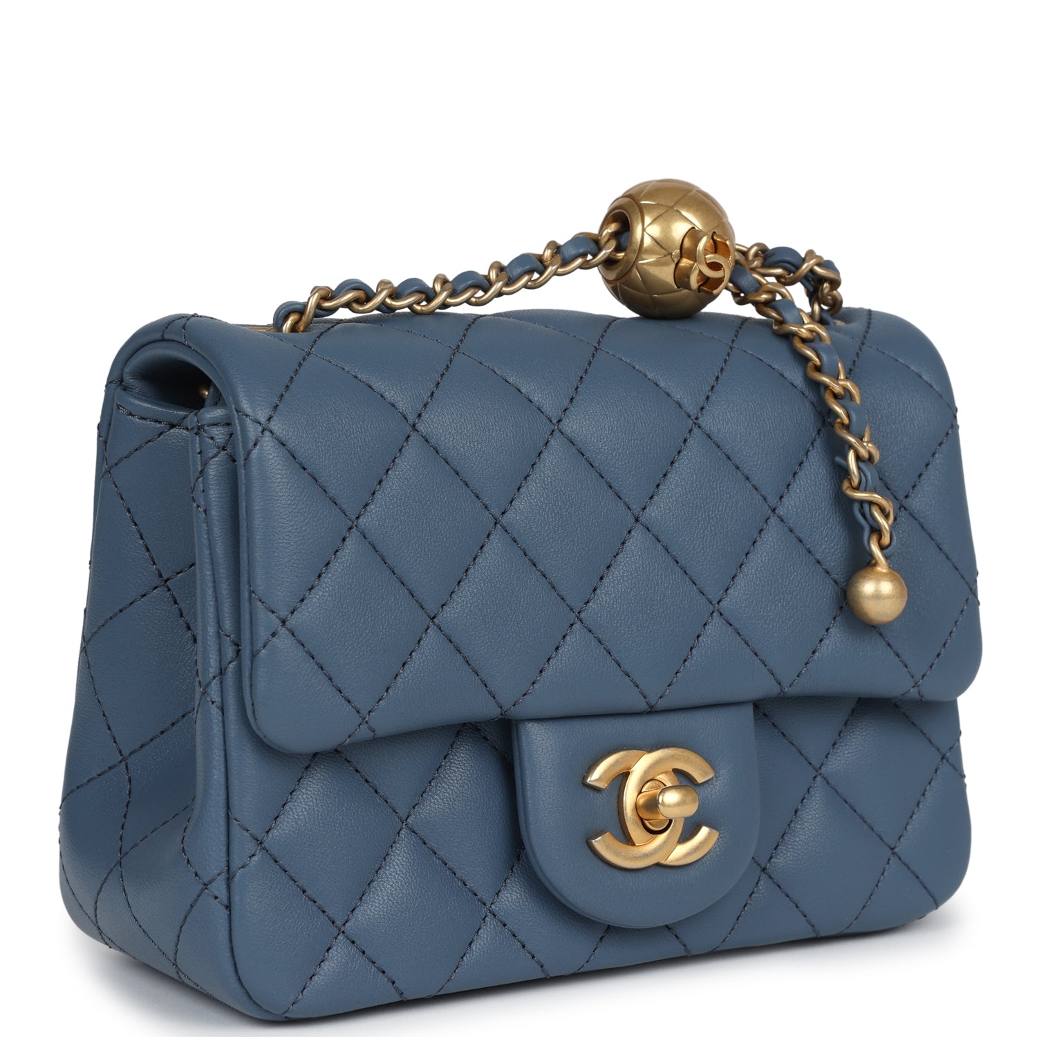 Chanel Mini Square Pearl Crush Flap Blue Lambskin Antique Gold Hardwar