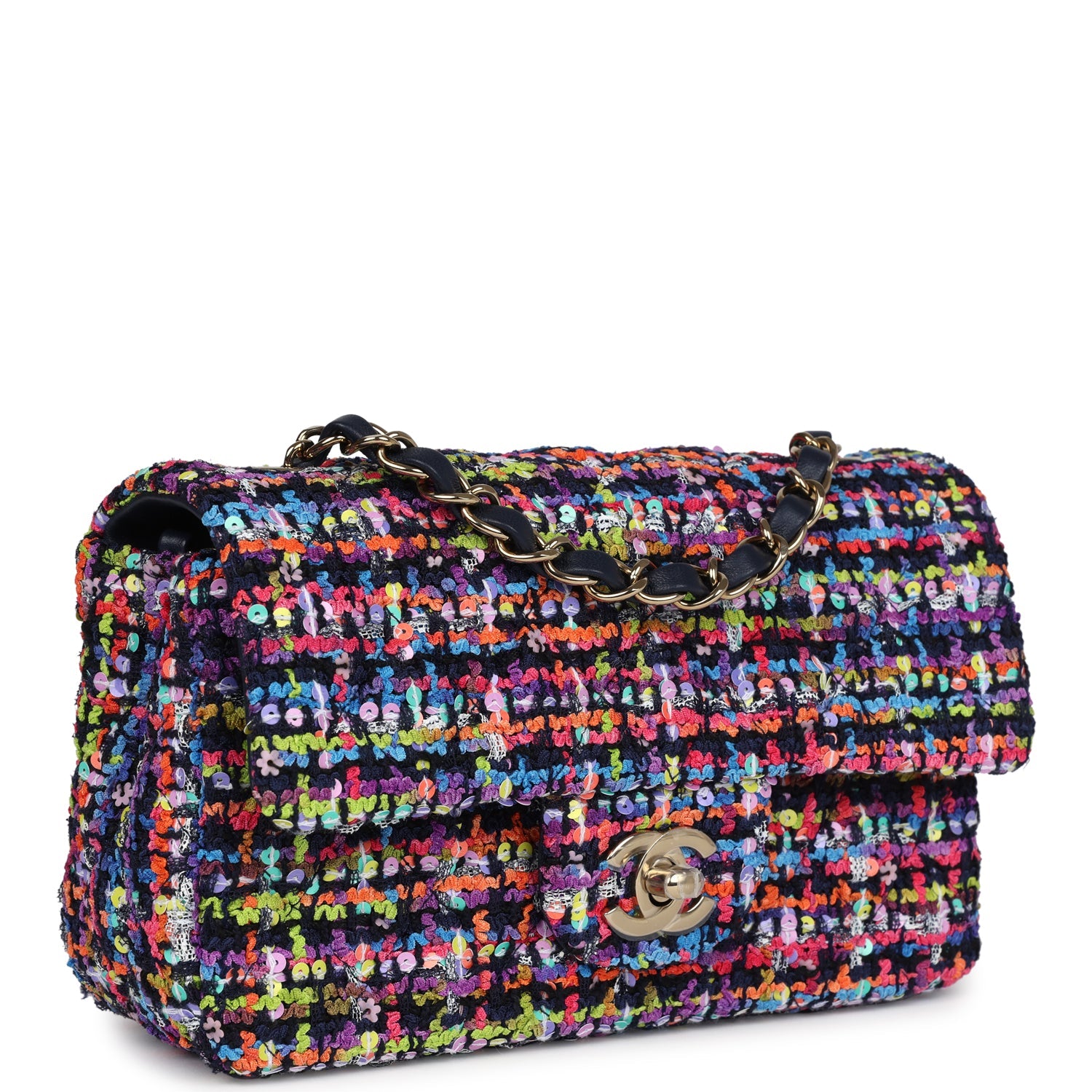 Chanel Mini Rectangular Flap Bag Multicolored Tweed and Sequins Gold H