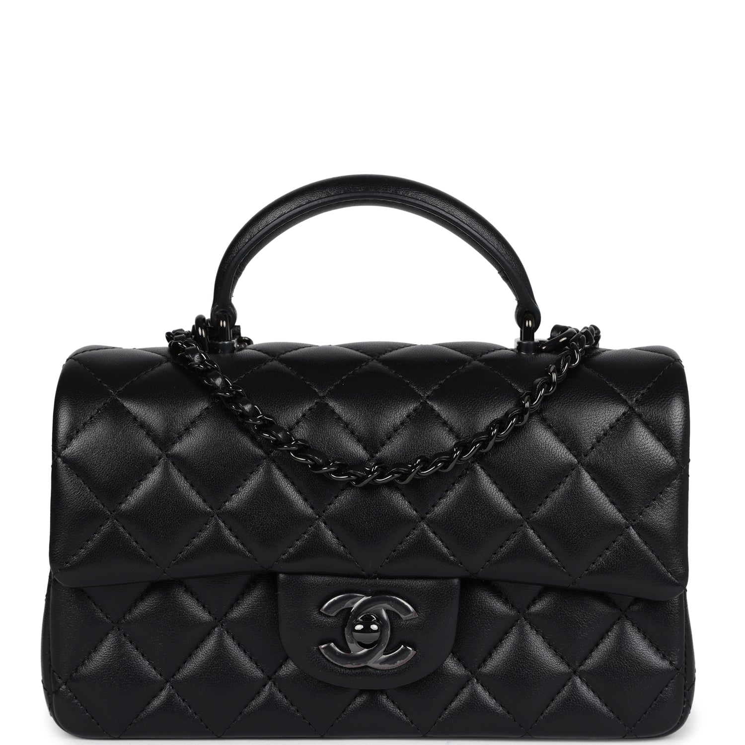 Chanel Mini Rectangular Top Handle Flap Bag So Black Lambskin Black Ha