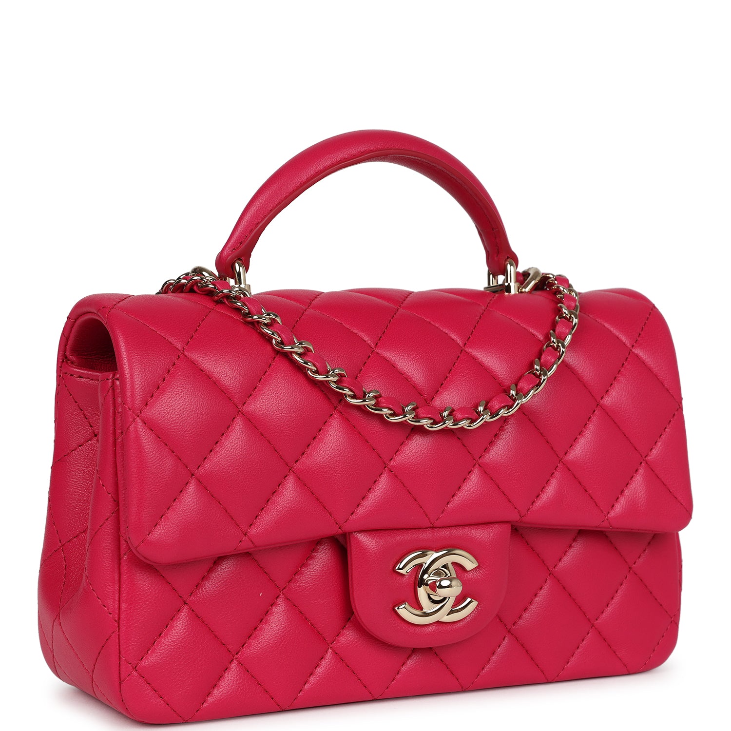 Pre-owned Chanel Mini Top Handle Rectangular Flap Bag Fuchsia Lambskin