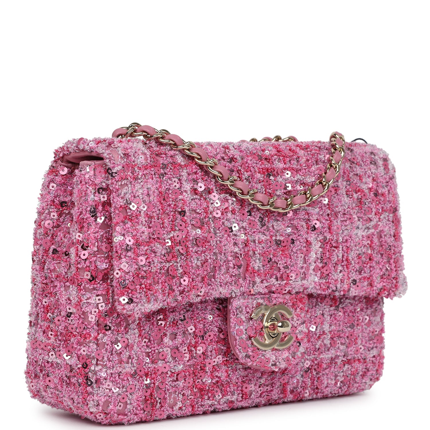 Chanel Mini Classic Rectangular Flap Bag Pink Tweed and Sequin Gold Ha