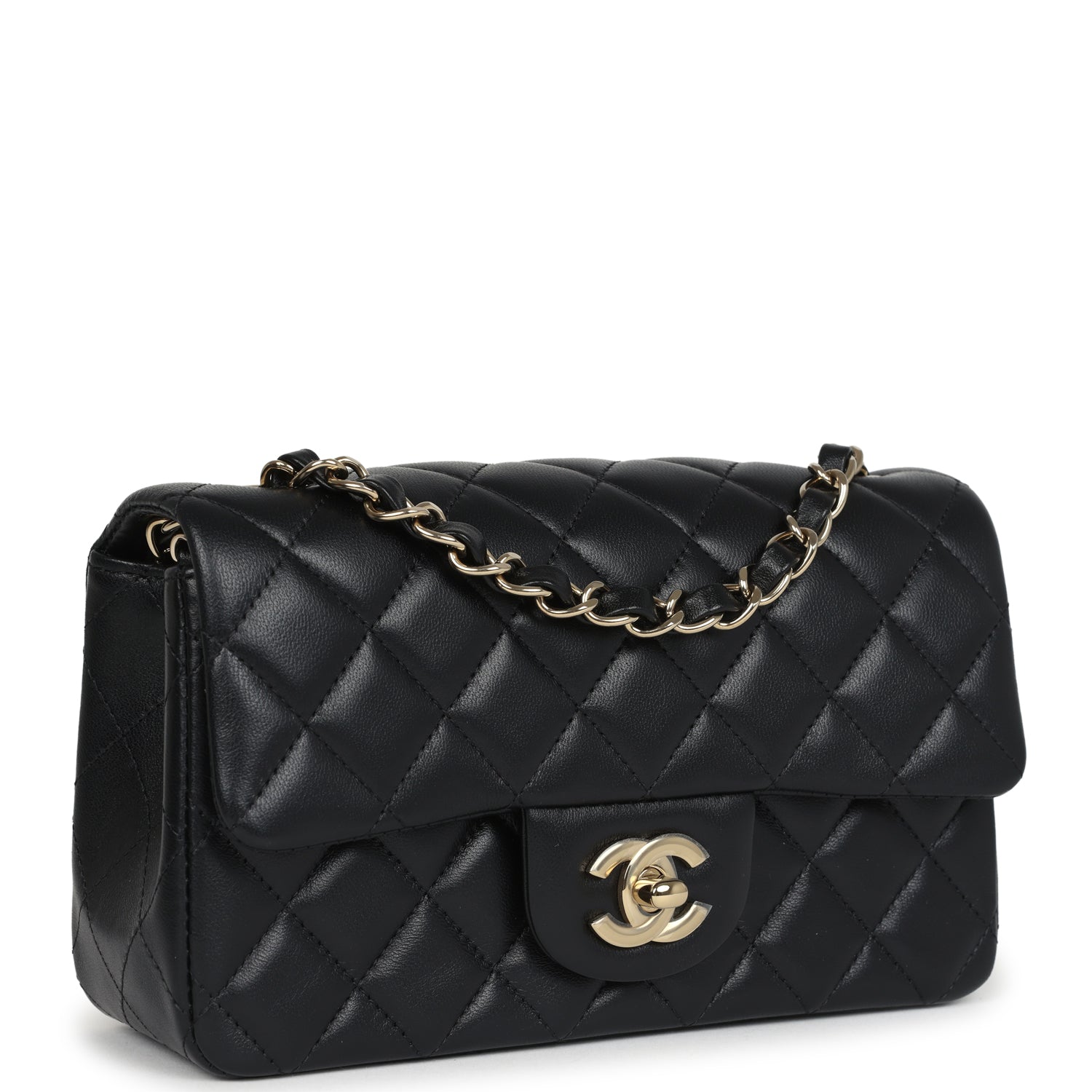 Chanel Mini Classic Rectangular Flap Bag Black Lambskin Light Gold Har