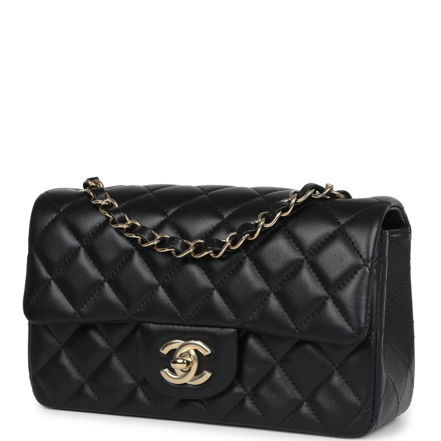 Chanel Mini Classic Rectangular Flap Bag Black Lambskin Light Gold Har