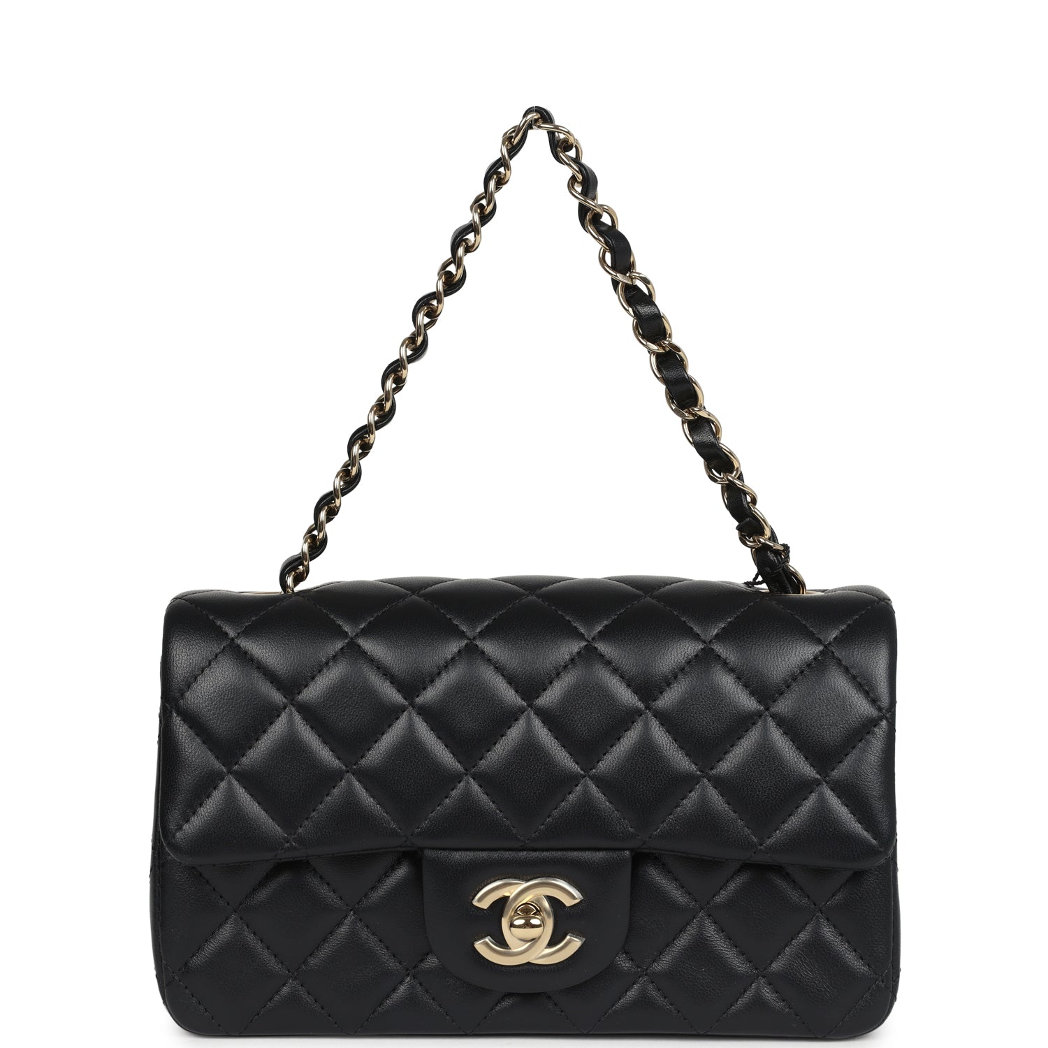 Chanel Mini Classic Rectangular Flap Bag Black Lambskin Light Gold Har