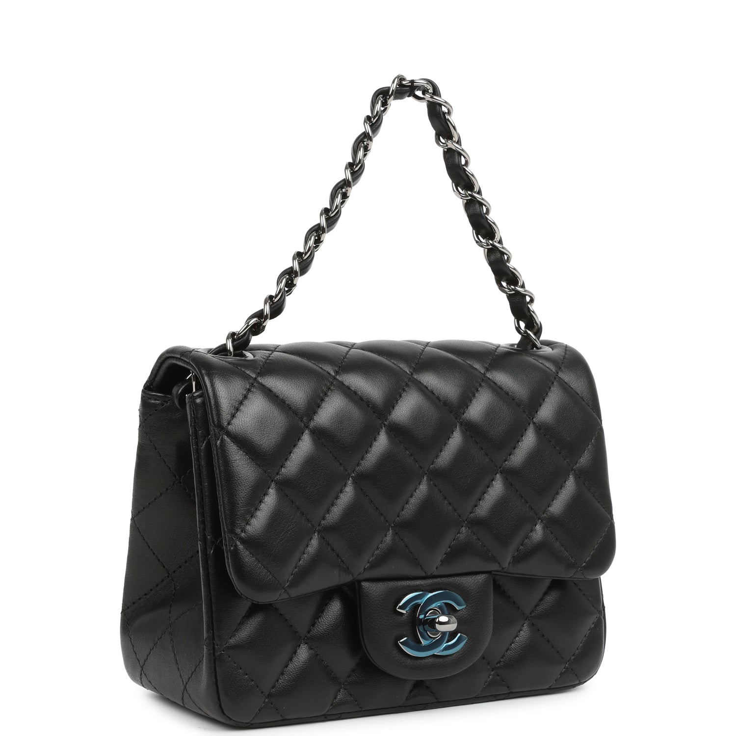 Pre-owned Chanel Mini Classic Square Flap Bag Black Lambskin Ruthenium