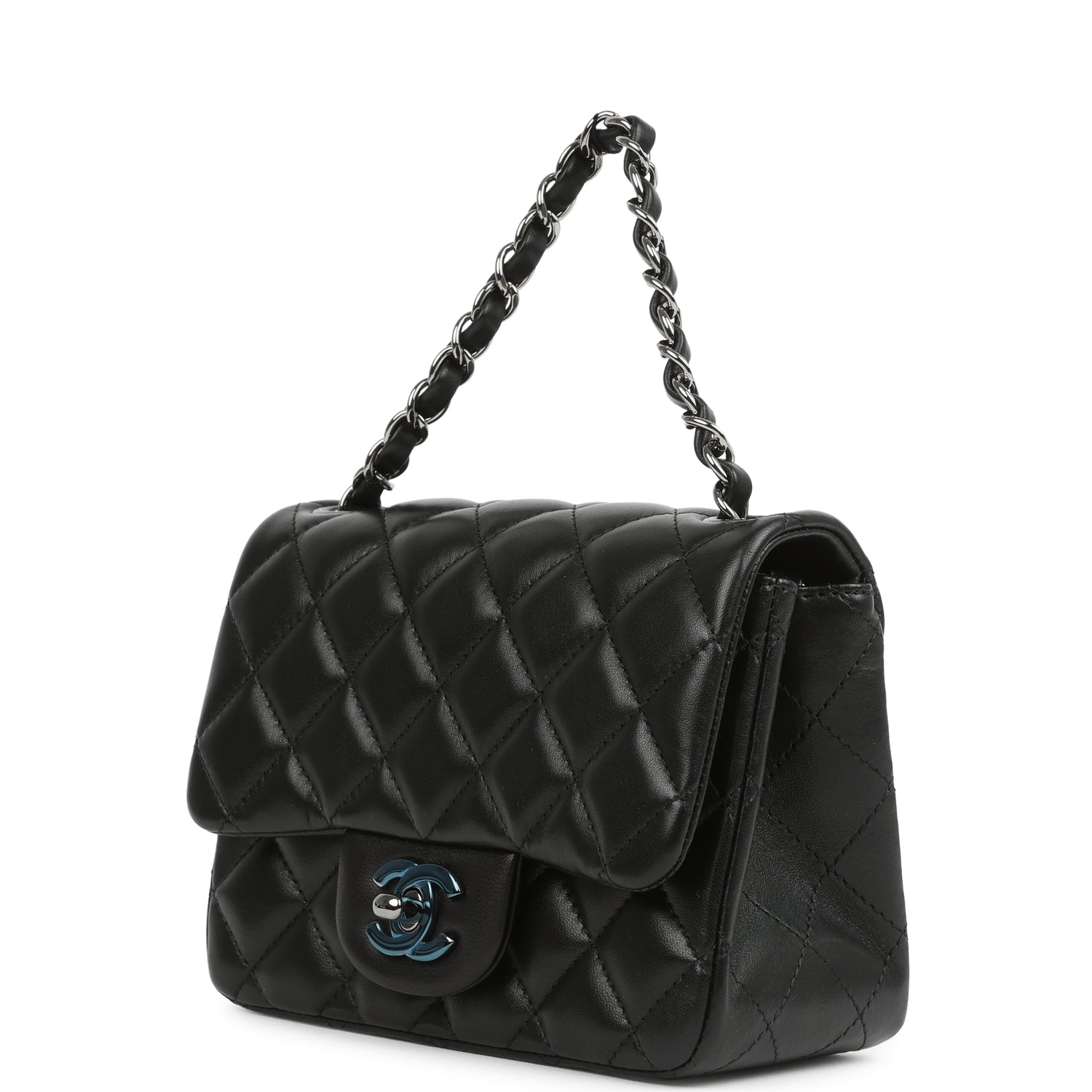 Pre-owned Chanel Mini Classic Square Flap Bag Black Lambskin Ruthenium