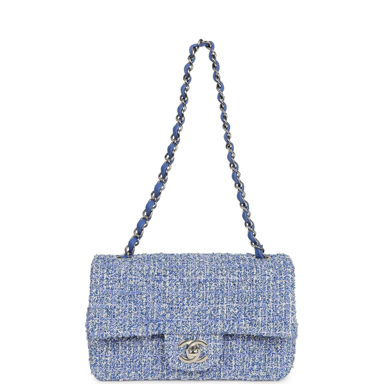 Chanel Mini Rectangular Flap Bag Blue and White Tweed Silver Hardware