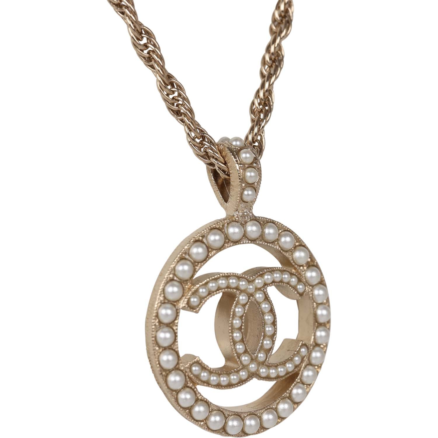 Chanel Large Logo Pearl and Light Gold Metal Pendant Necklace