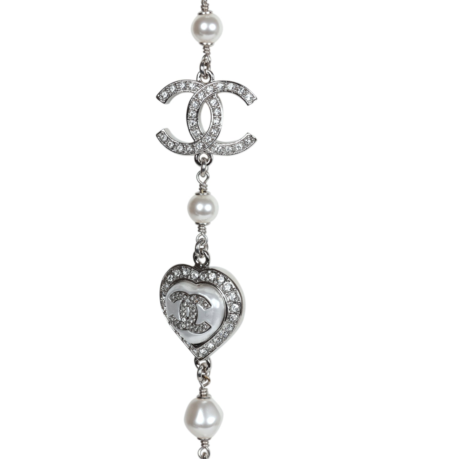 Chanel Silver Metal, White Strass, and White Pearl Logo and Hearts Sau