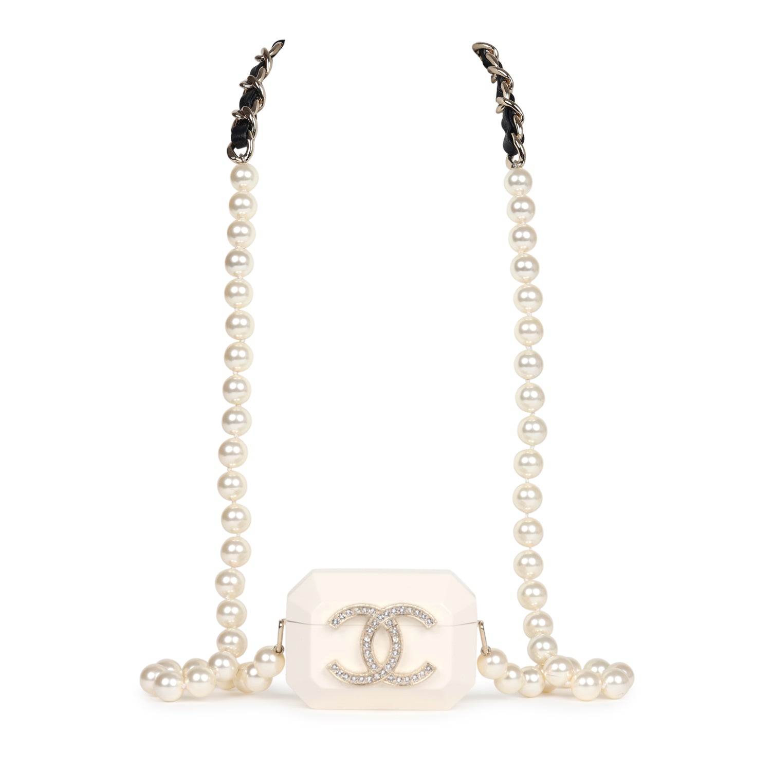 Chanel Crystal CC Resin & Pearls Airpod Pro Case Necklace Light Gold H