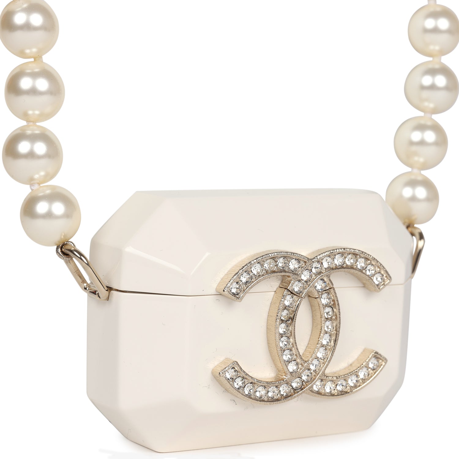 Chanel Crystal CC Resin & Pearls Airpod Pro Case Necklace Light Gold H