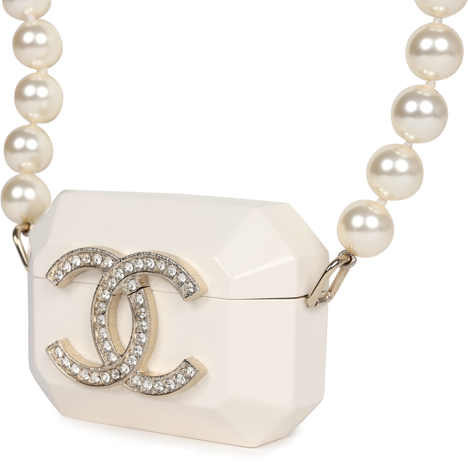 Chanel Crystal CC Resin & Pearls Airpod Pro Case Necklace Light Gold H