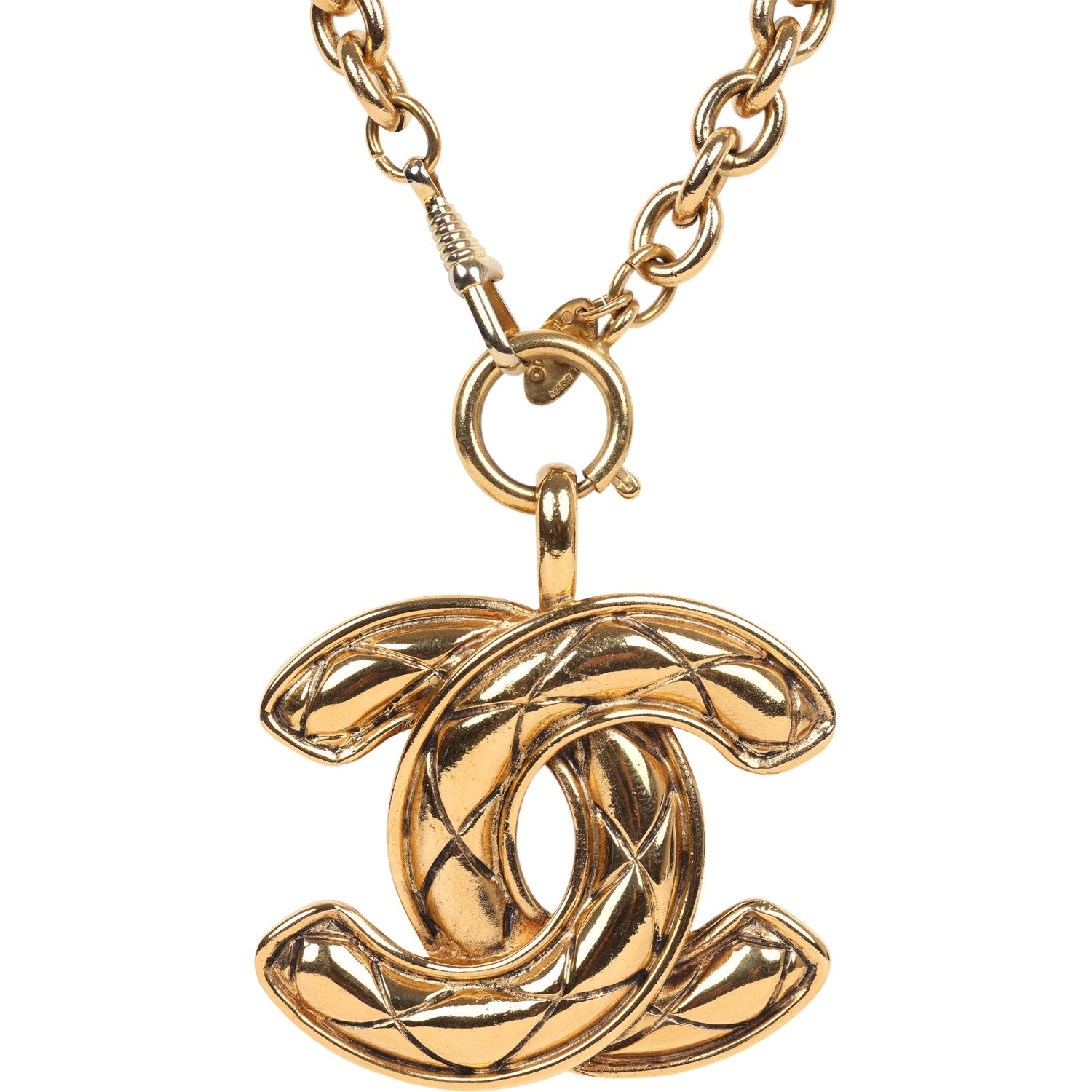 Vintage Chanel 24K Gold Plated Large CC Quilted Pendant Necklace