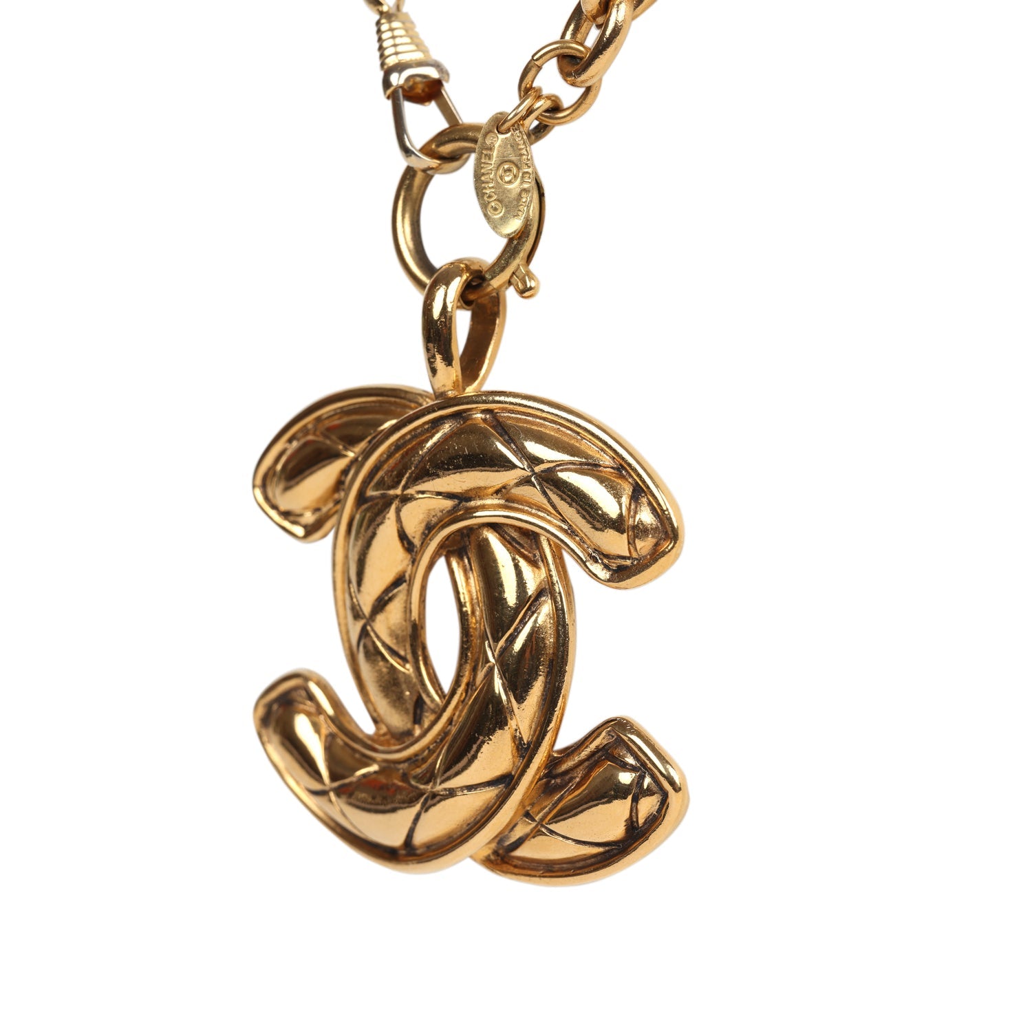 Vintage Chanel 24K Gold Plated Large CC Quilted Pendant Necklace