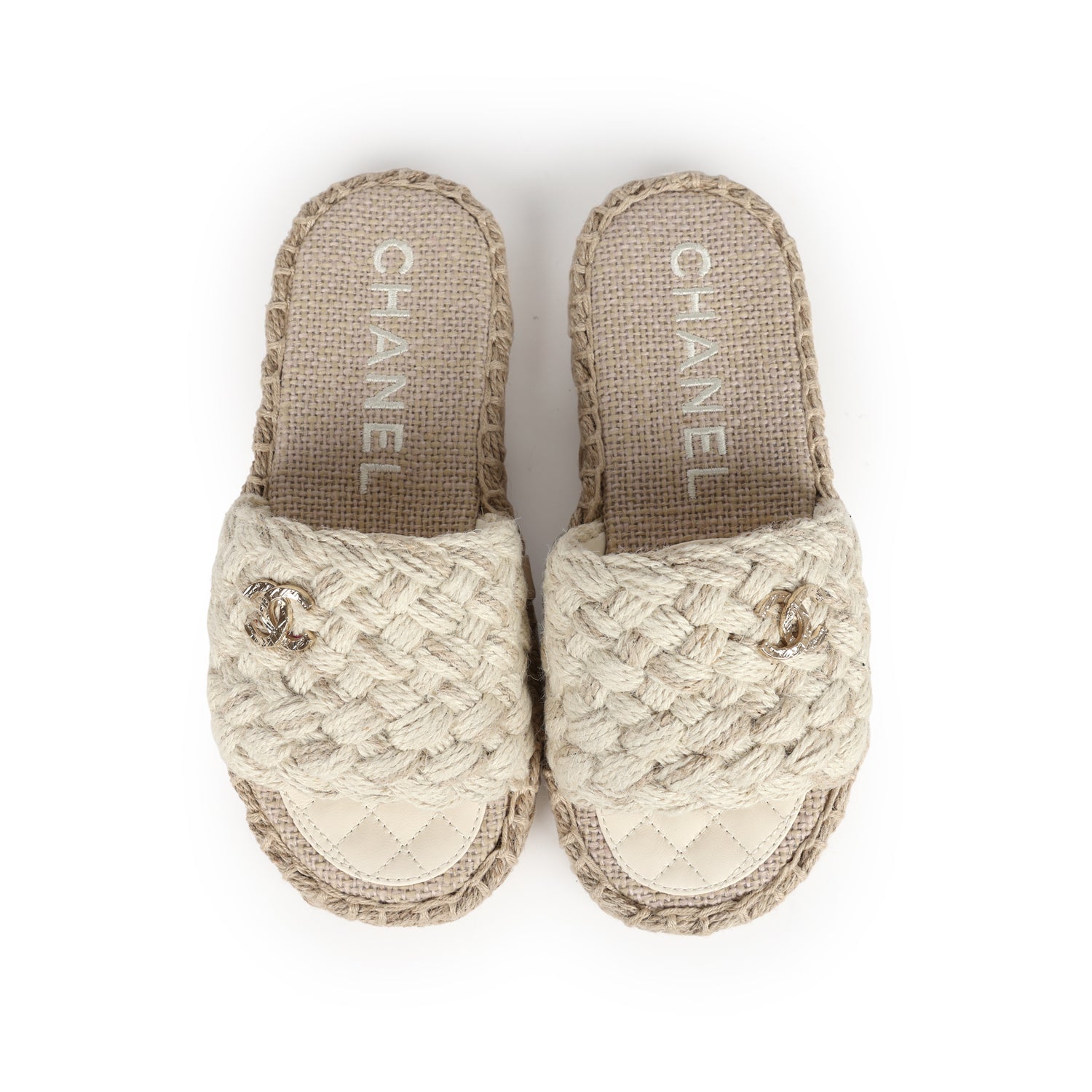 Chanel CC Braided Knit Interlocking Slide Sandals Cream Gold Hardware