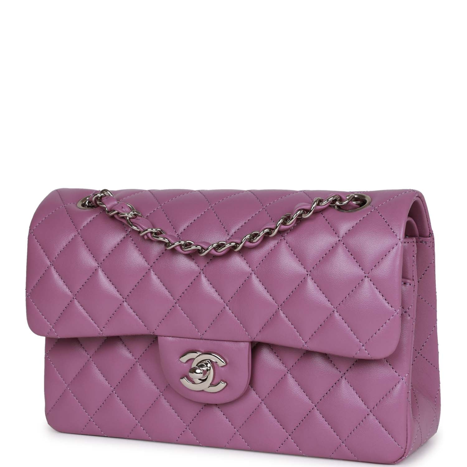 Chanel Purple Lambskin Small Classic Double Flap Silver Hardware