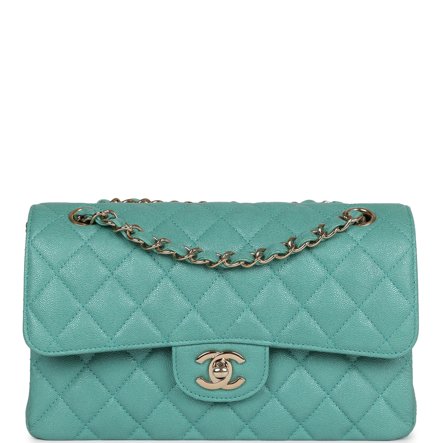 Chanel Small Classic Double Flap Turquoise Iridescent Caviar Light Gol