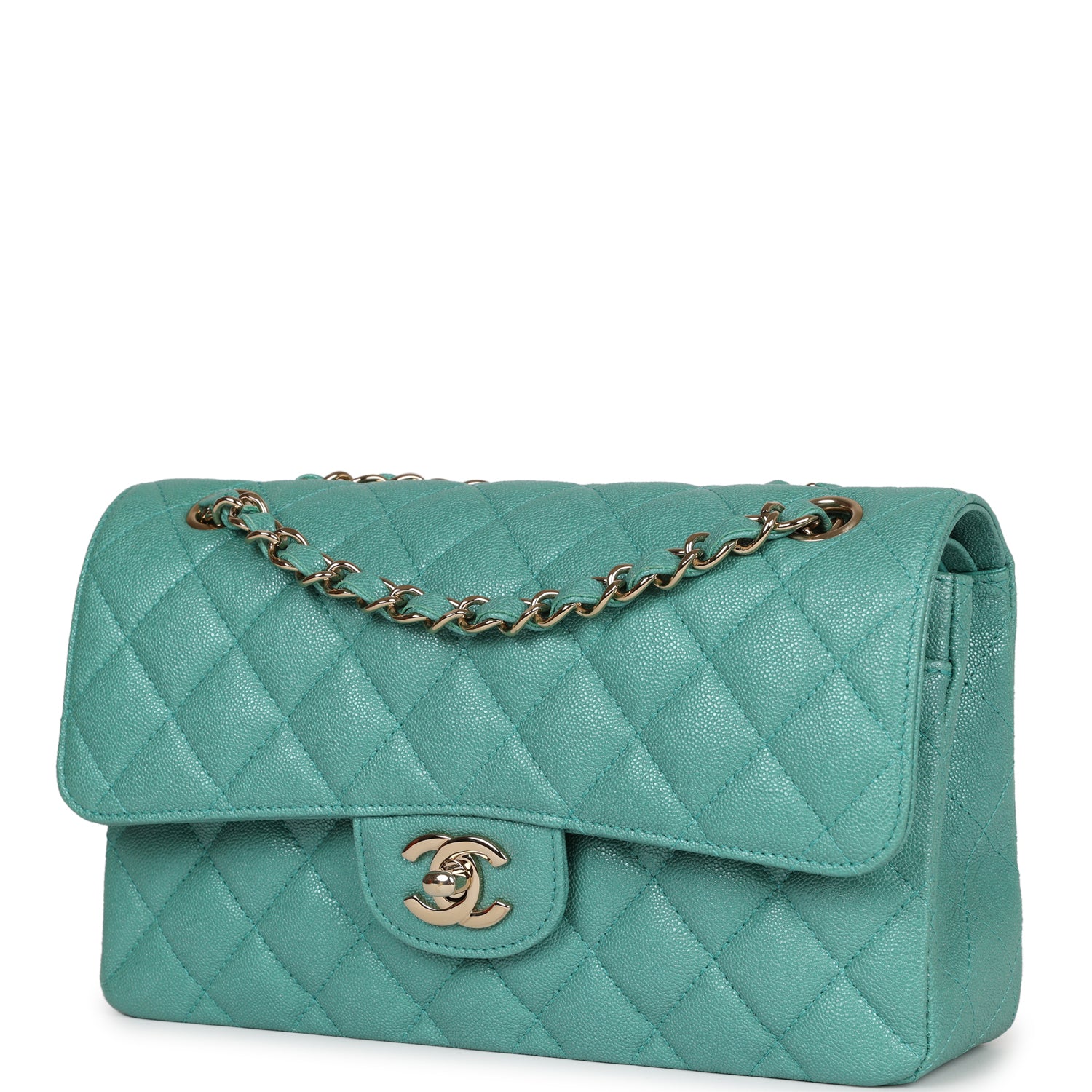 Chanel Small Classic Double Flap Turquoise Iridescent Caviar Light Gol